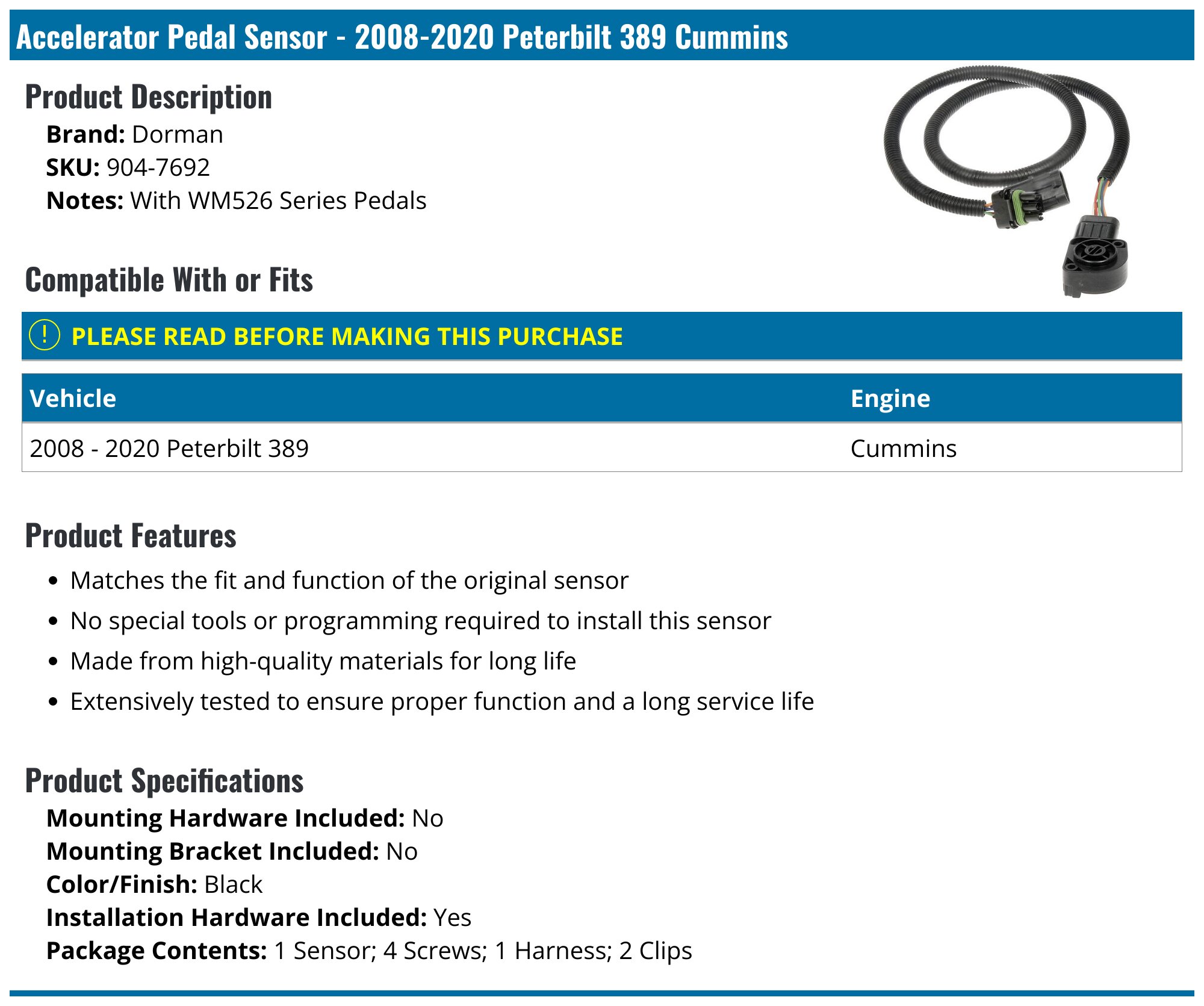 2008-2020 Peterbilt 389 Accelerator Pedal Sensor - Dorman 904-7692 ...