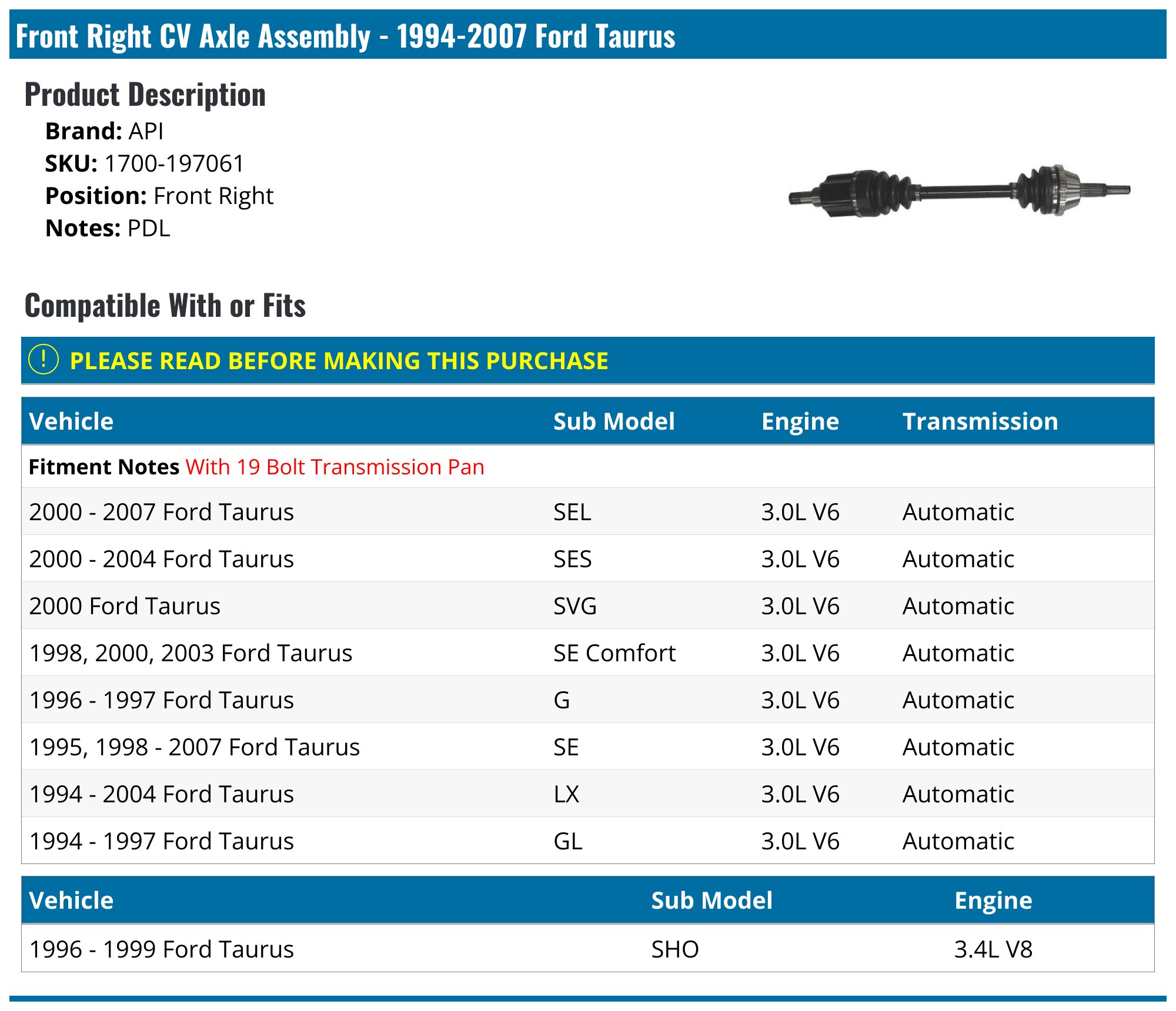 1994-2007 Ford Taurus Axle Assembly - API 5547-07803608 - Front Right ...