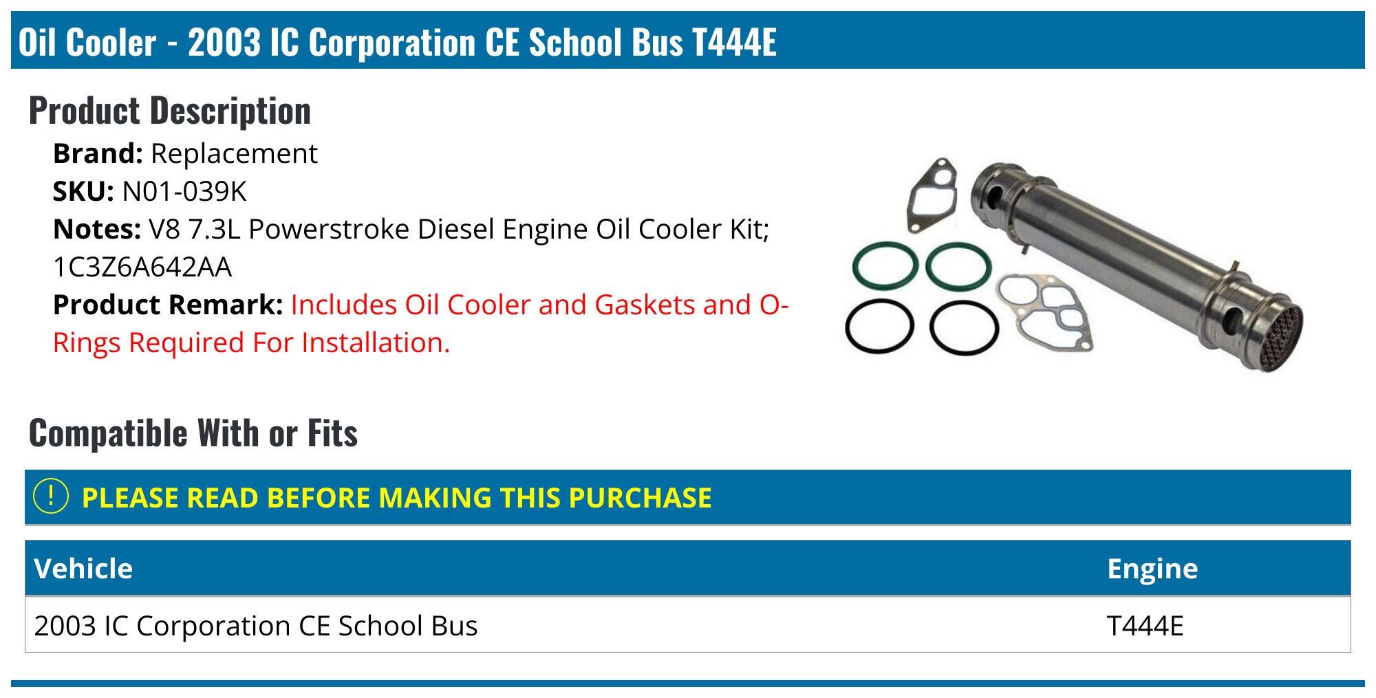 2003 IC Corporation CE School Bus Oil Cooler - Replacement N01-039K ...