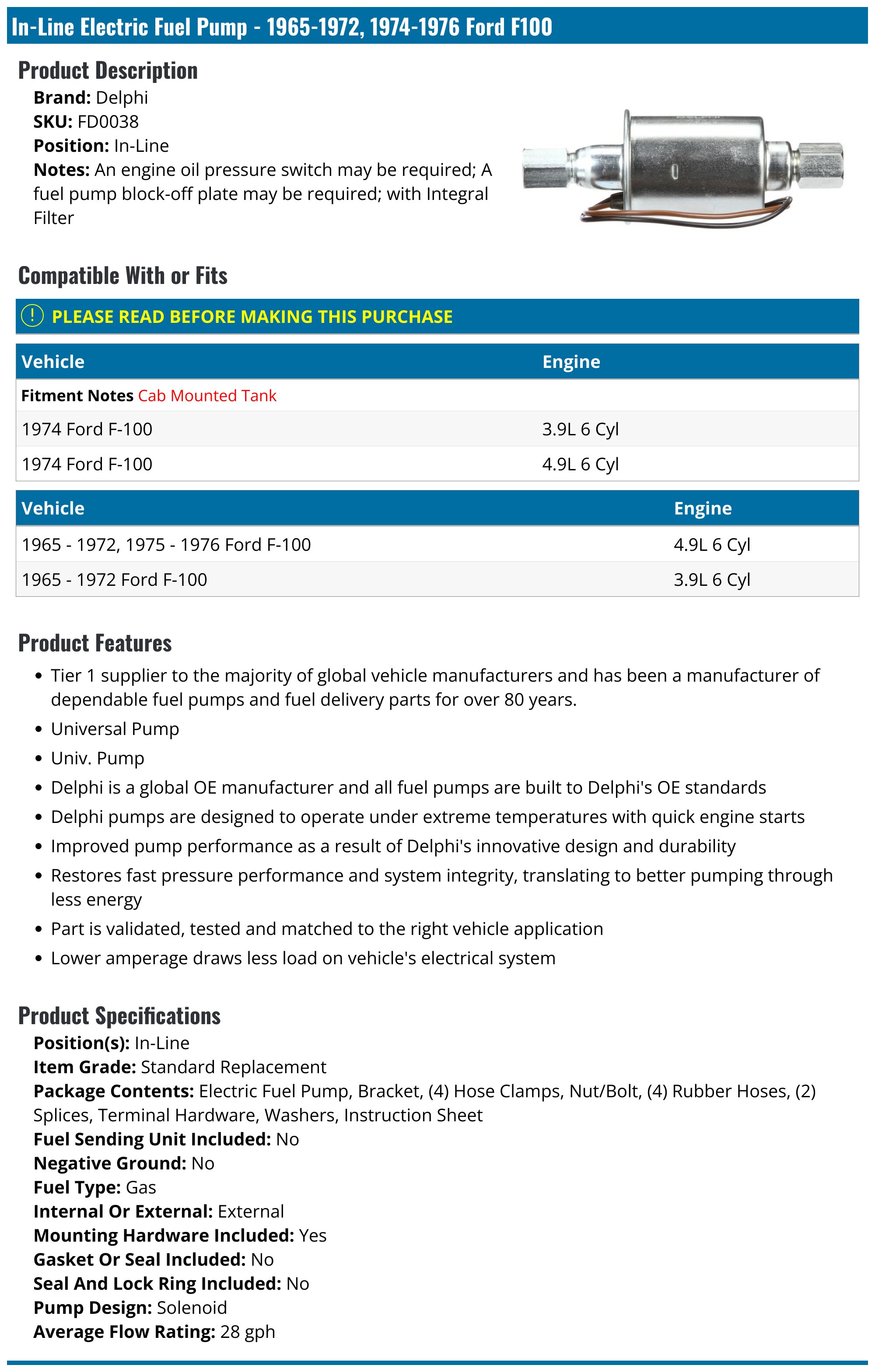 1965-1972, 1974-1976 Ford F100 Fuel Pump - Delphi FD0038 - In-Line ...