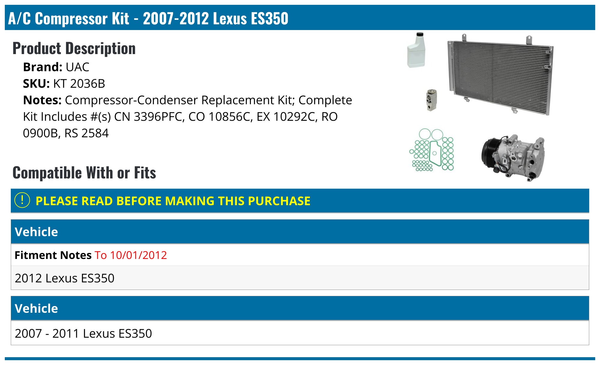 2007-2012 Lexus ES350 A/C Compressor - UAC KT 2036B - PartsGeek.com