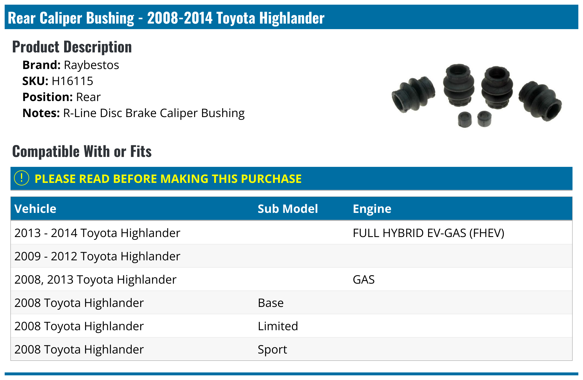 2008-2014 Toyota Highlander Caliper Bushing - Raybestos H16115 - Rear ...