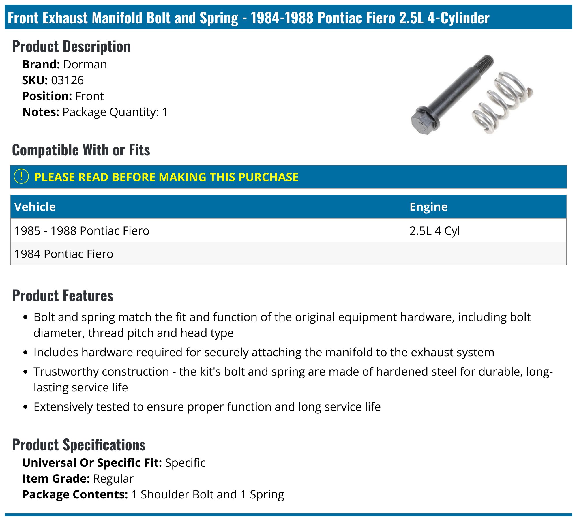 1984-1988 Pontiac Fiero Exhaust Manifold Bolt - Dorman 03126 - Front ...