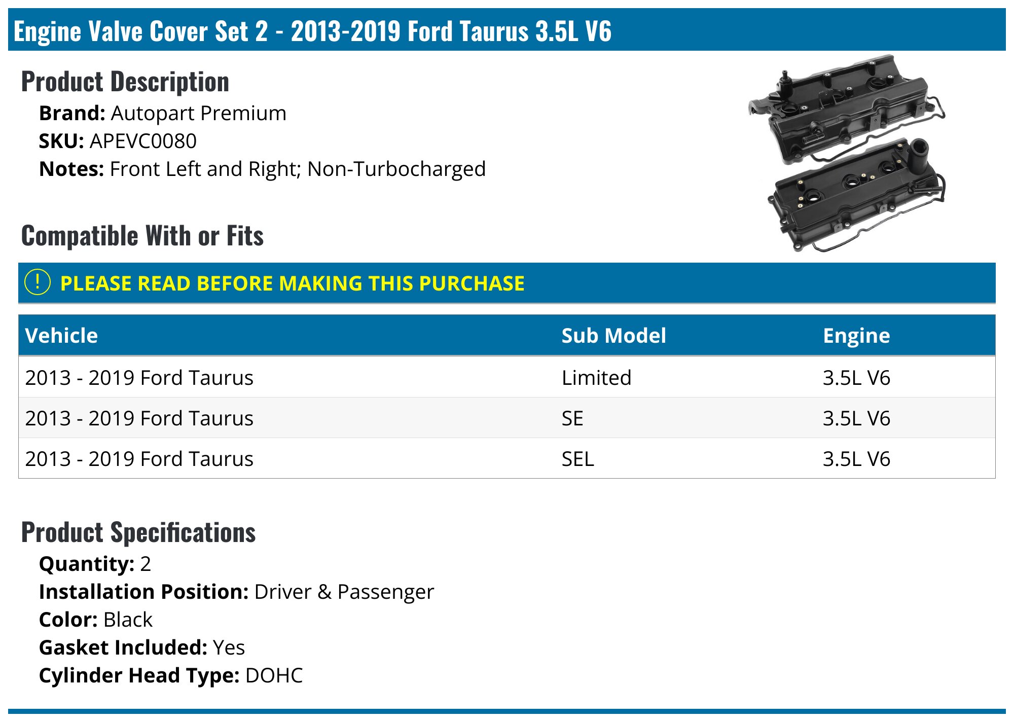 2013-2019 Ford Taurus Valve Cover - Autopart Premium APEVC0080 - Driver ...
