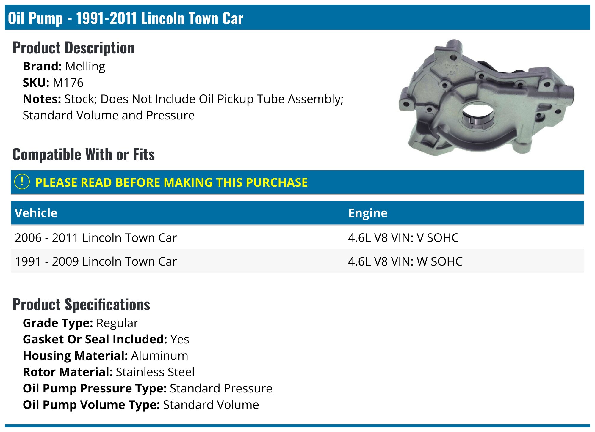1991-2011 Lincoln Town Car Oil Pump - Melling M176 - PartsGeek.com