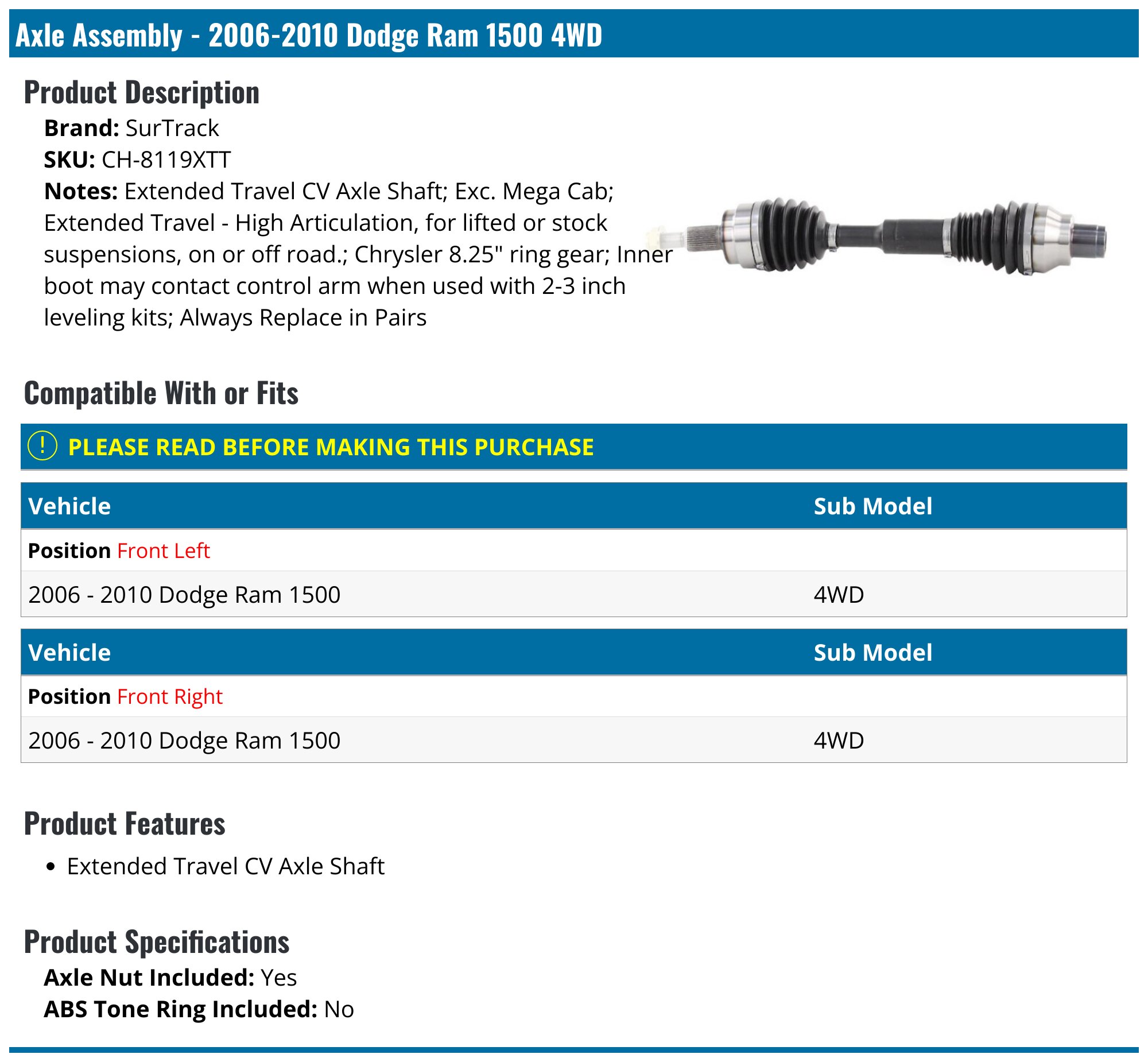 2006-2010 Dodge Ram 1500 Axle Assembly - SurTrack CH-8119XTT - Front ...