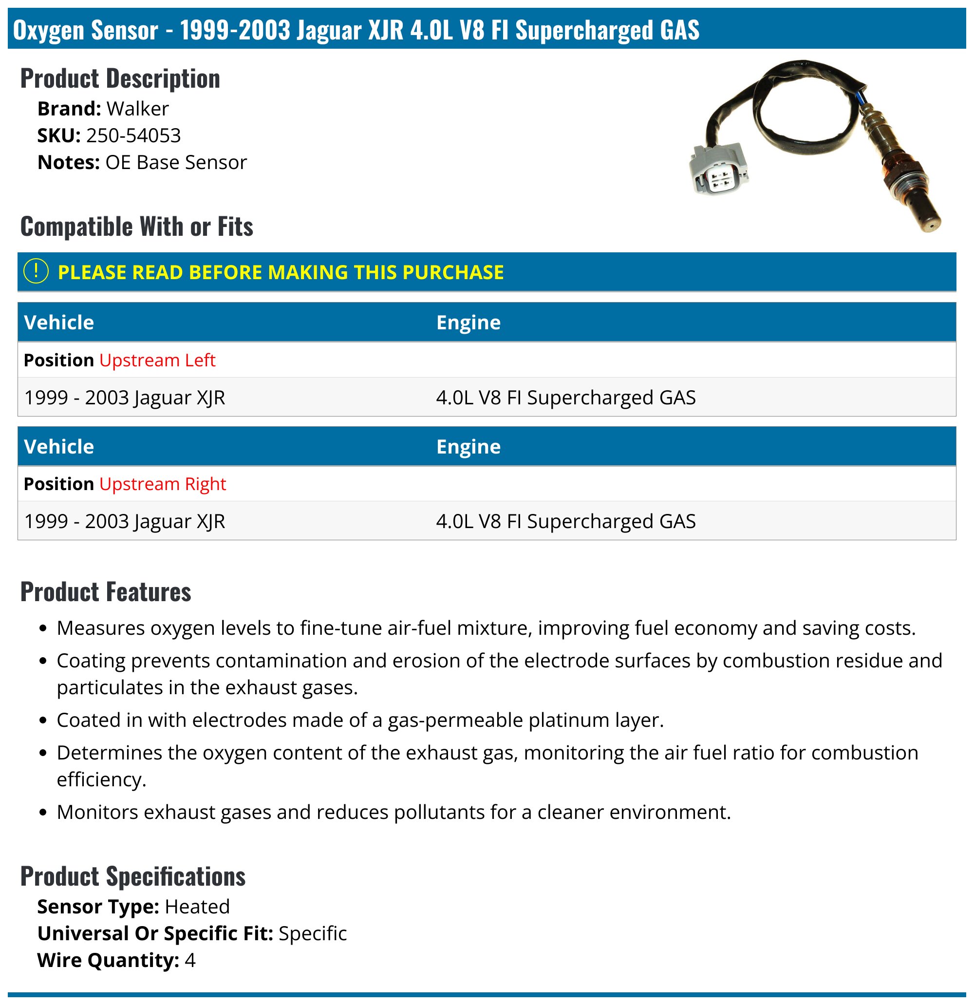 Jaguar XJR Oxygen Sensor - O2 Sensor - Autopart Premium Walker Bosch ...