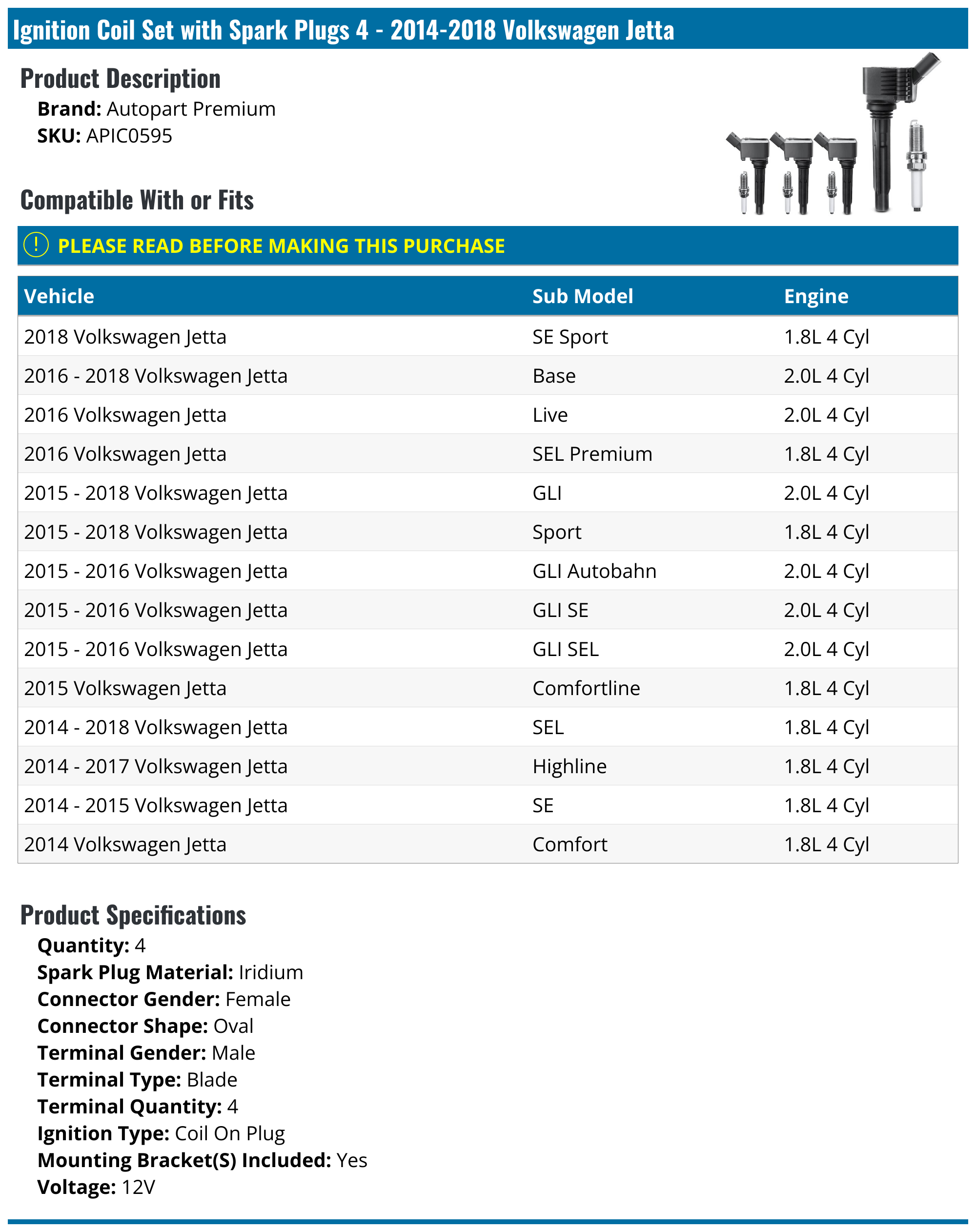 2014-2018 Volkswagen Jetta Ignition Coil - Autopart Premium APIC0595 ...