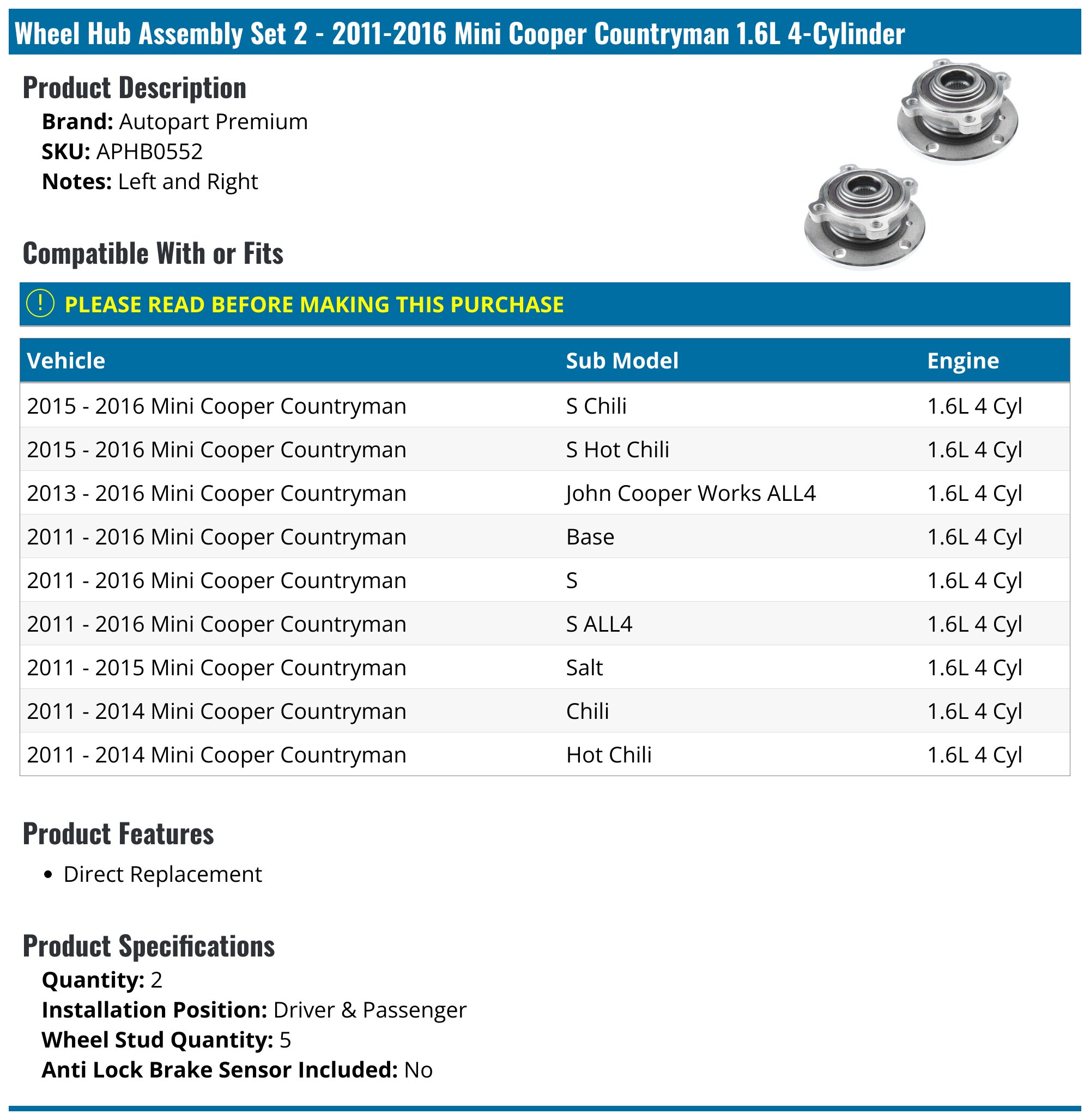 2011-2016 Mini Cooper Countryman Wheel Hub Assembly - Autopart Premium ...