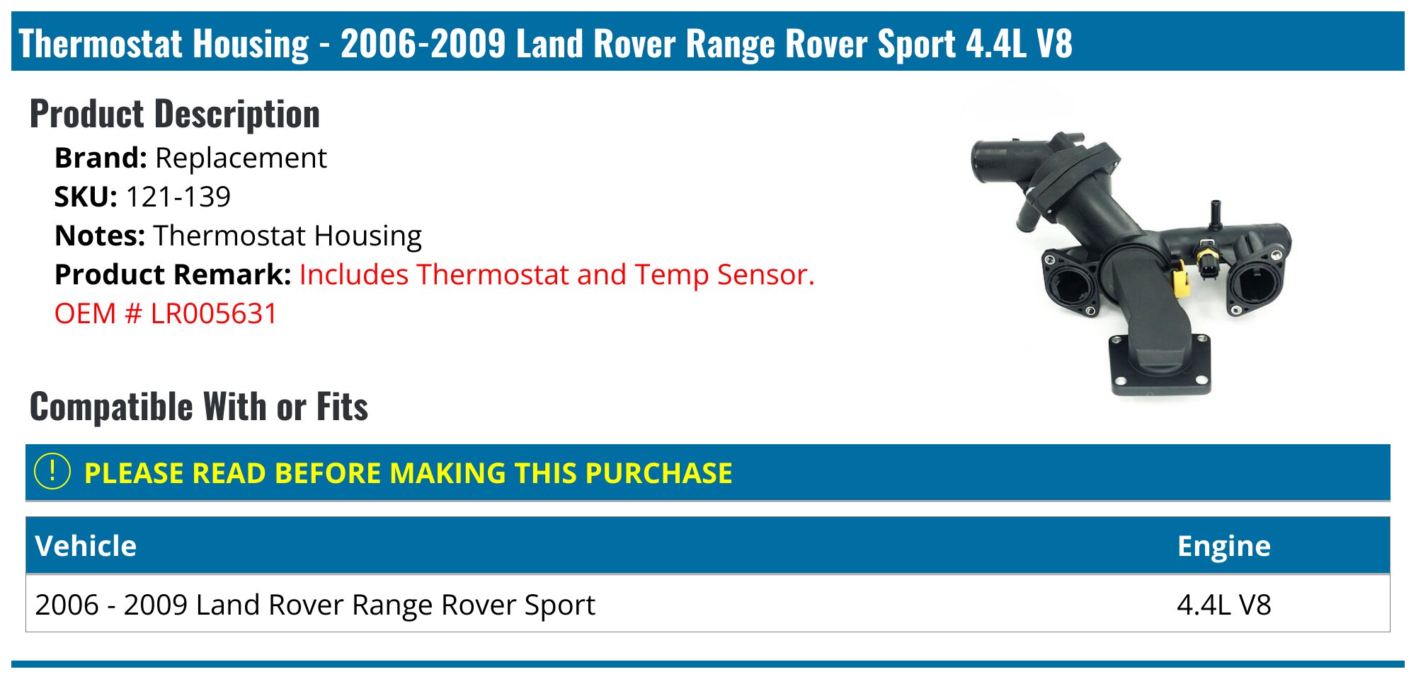 2006-2009 Land Rover Range Rover Sport Thermostat Housing - Replacement ...