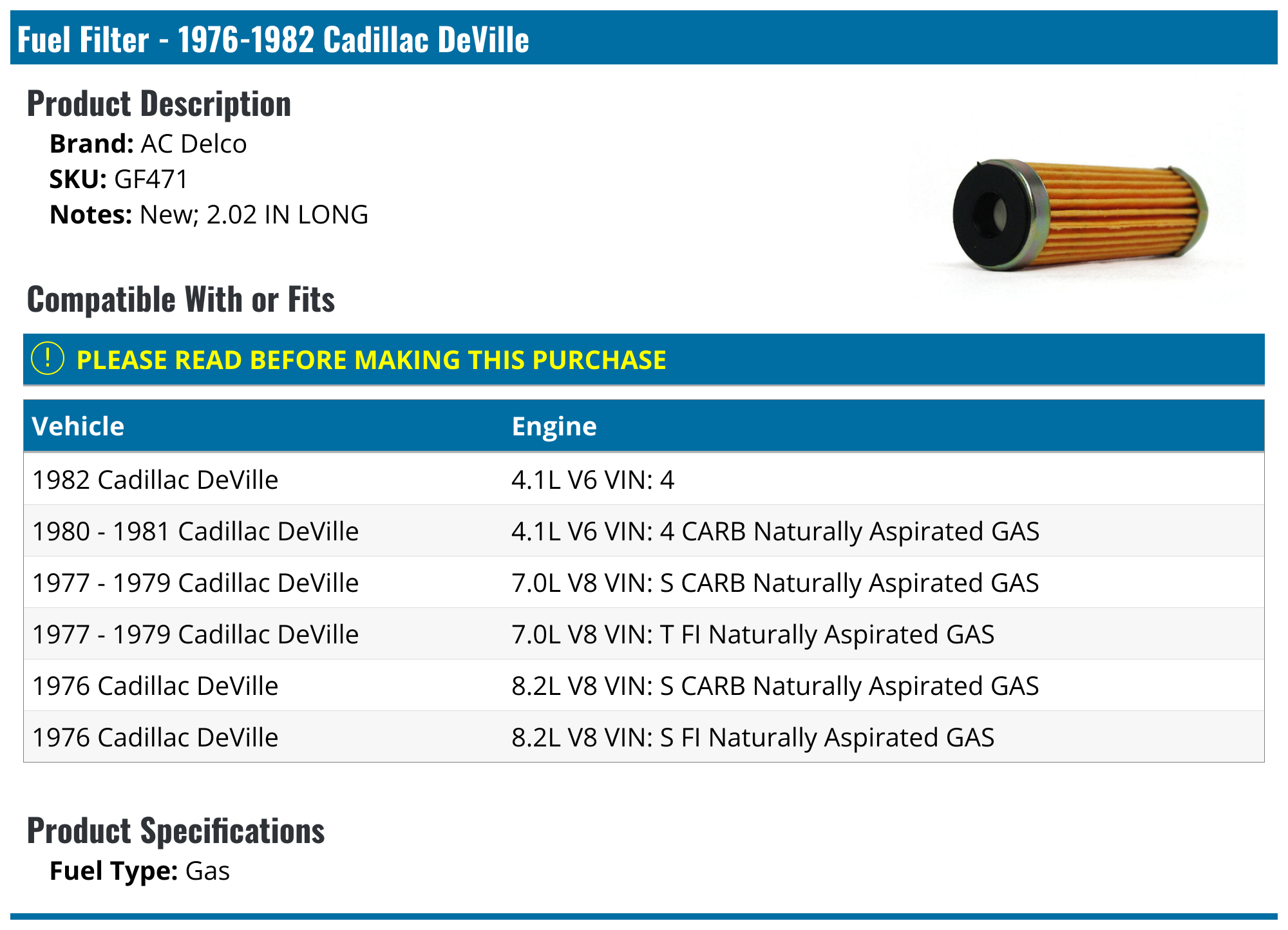 1976-1982 Cadillac DeVille Fuel Filter - AC Delco GF471 - PartsGeek.com