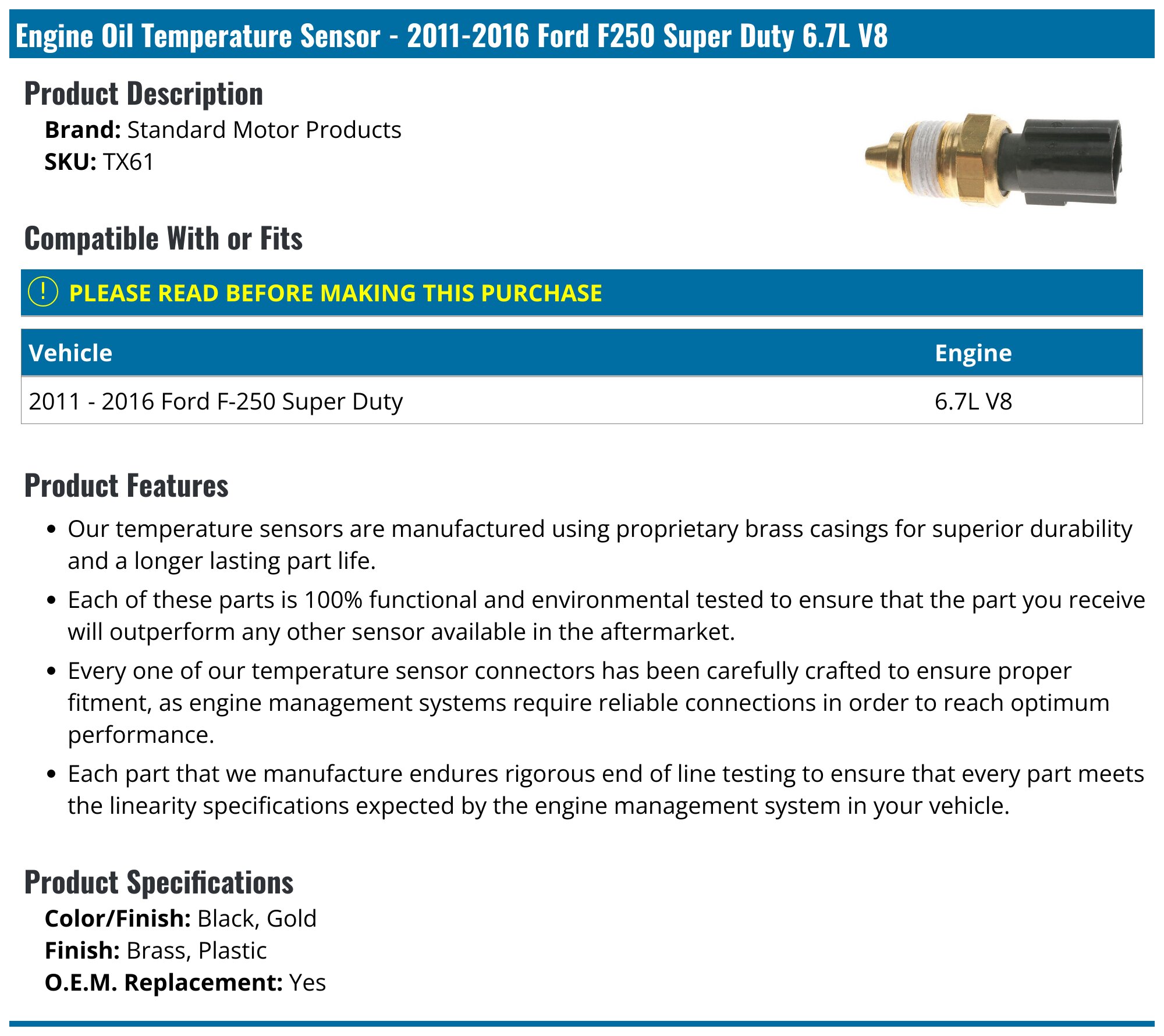 2011-2016 Ford F250 Super Duty Engine Oil Temperature Sensor - Standard ...