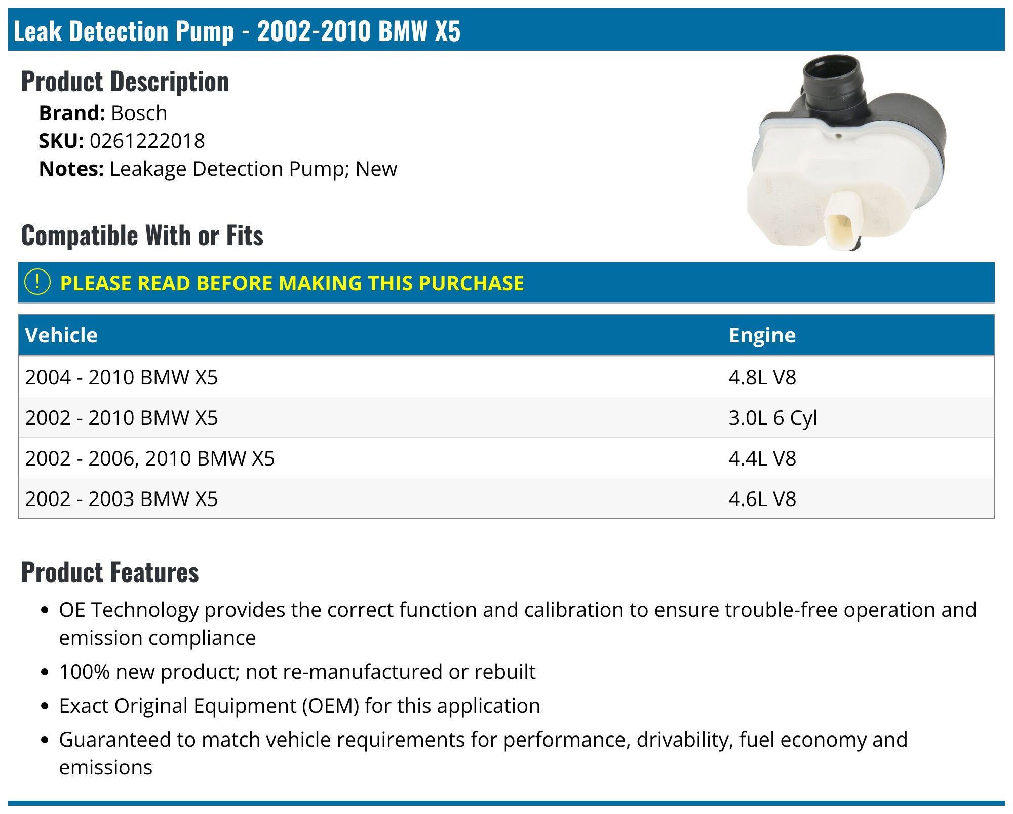 2002-2010 BMW X5 Leak Detection Pump - Bosch 0261222018 - PartsGeek.com