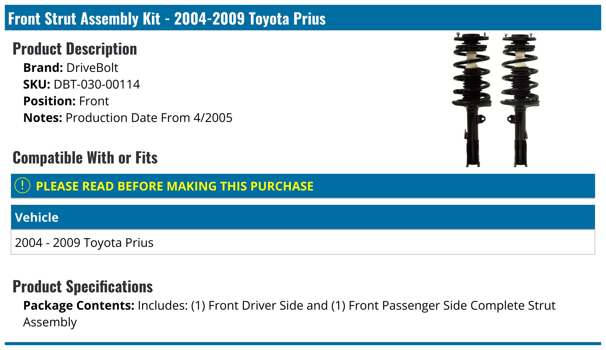 2004-2009 Toyota Prius Strut Assembly - DriveBolt DBT-030-00114 - Front ...