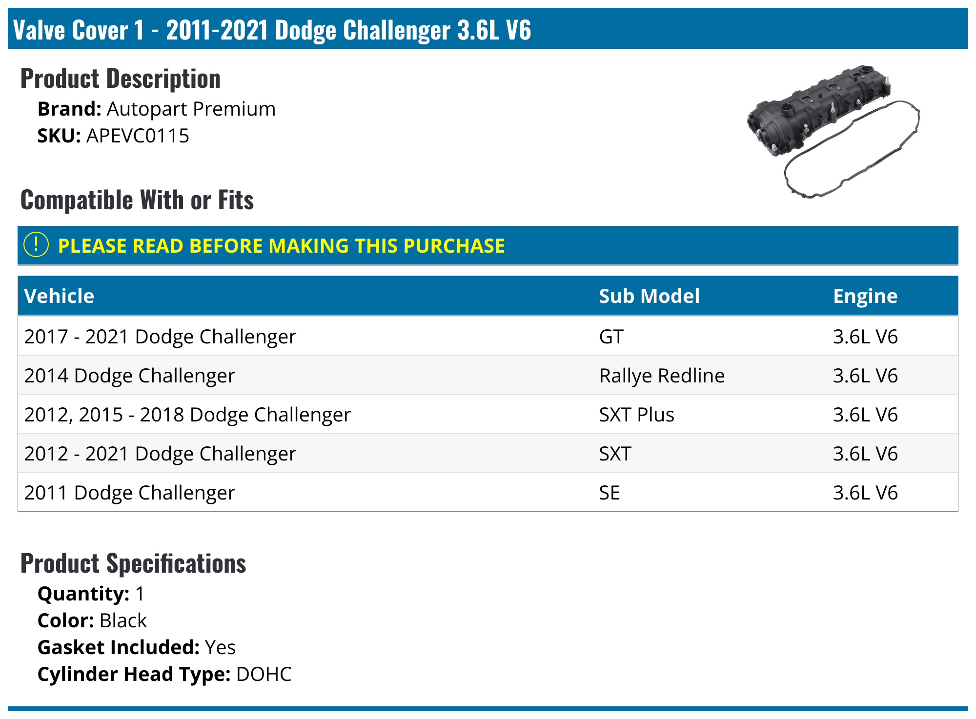 2011-2021 Dodge Challenger Valve Cover - Autopart Premium APEVC0115 ...