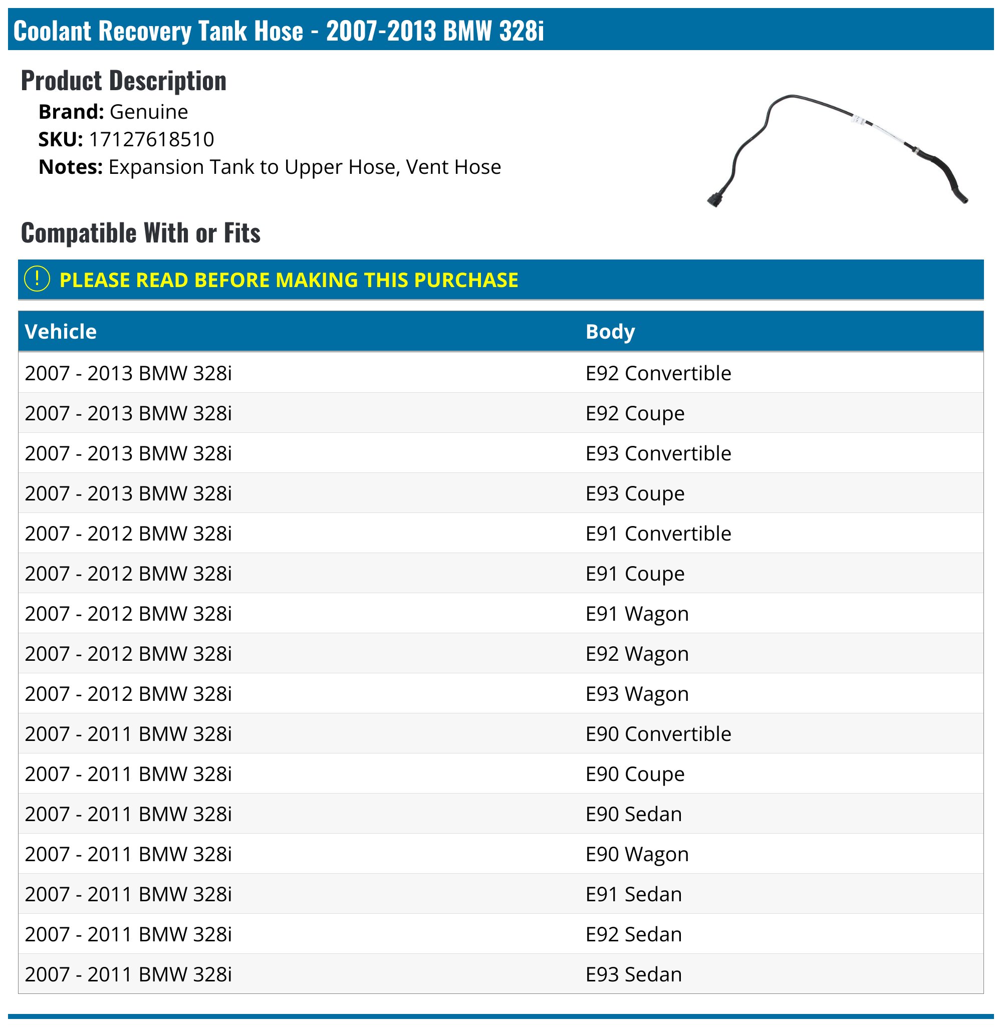 2007-2013 BMW 328i Coolant Breather Pipe - Genuine 17127618510 ...