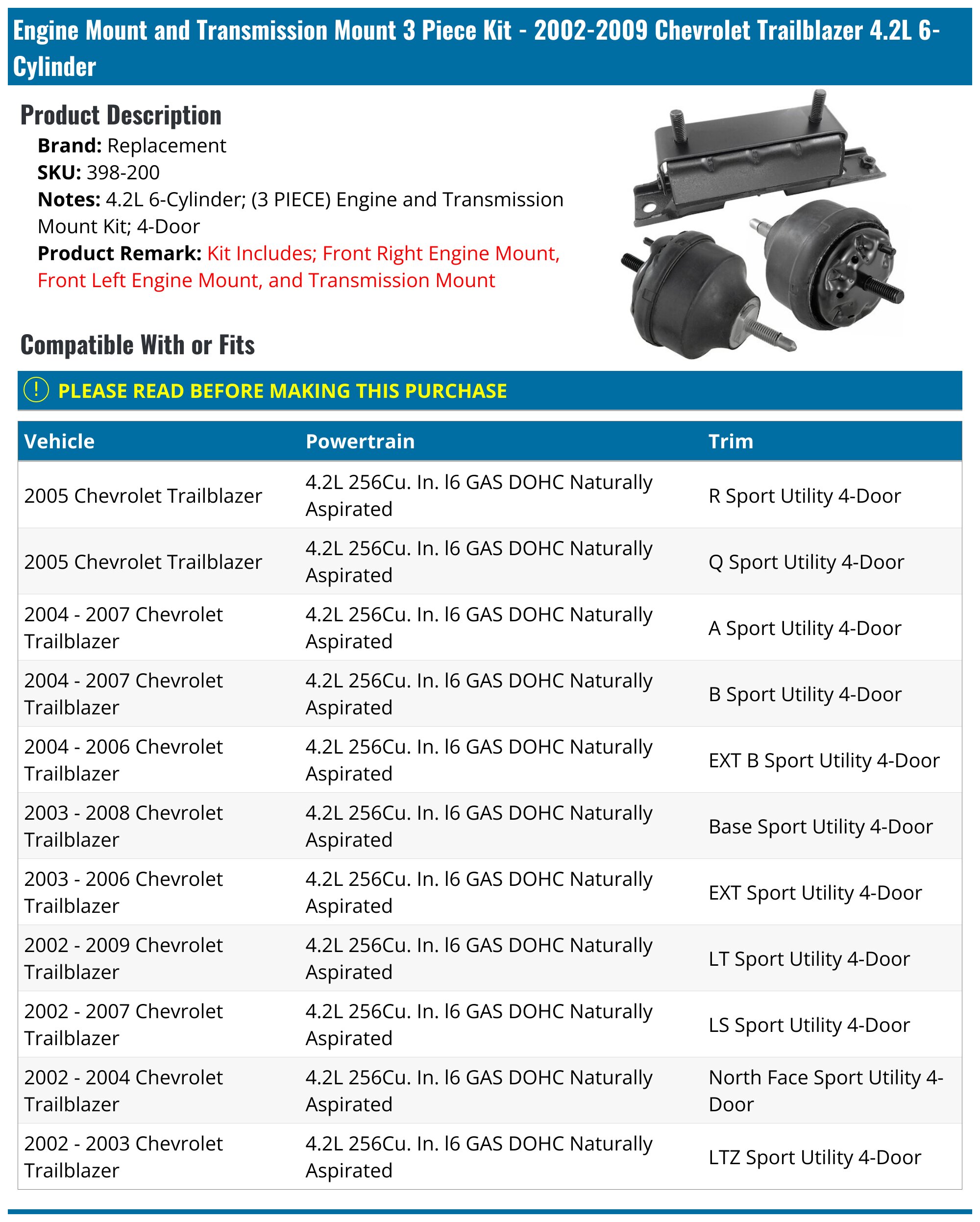 2002-2009 Chevrolet Trailblazer Engine Mount - Replacement 398-200 ...