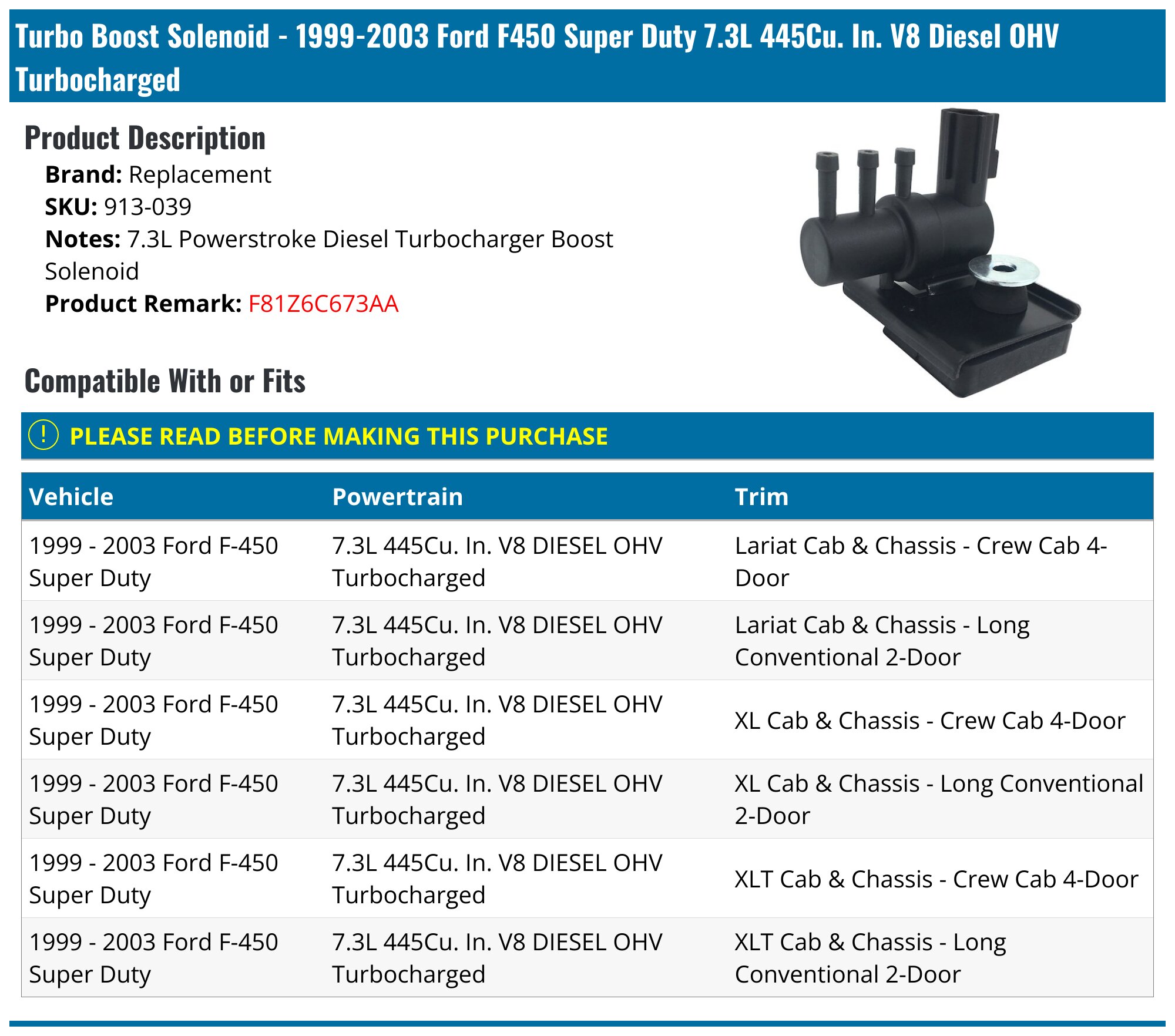 1999-2003 Ford F450 Super Duty Turbo Boost Solenoid - Replacement 913 ...