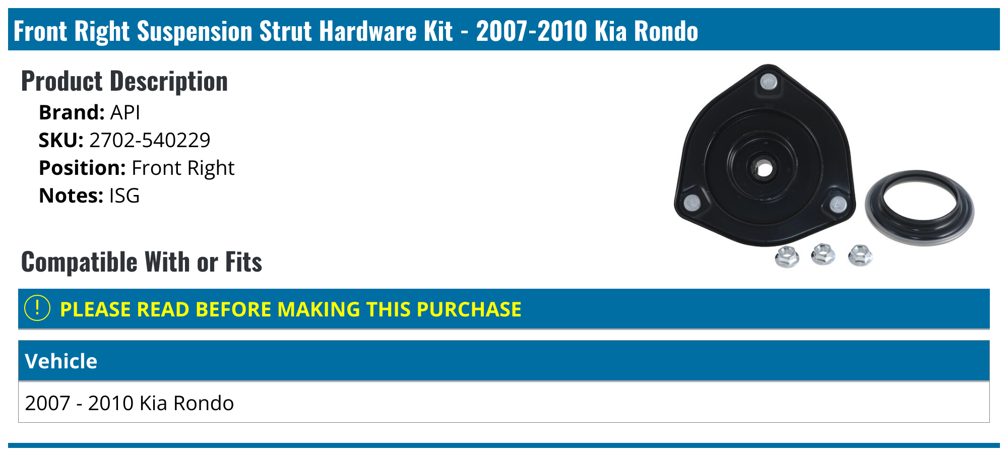 2007-2010 Kia Rondo Suspension Strut Hardware Kit - API 25682-07040720 ...
