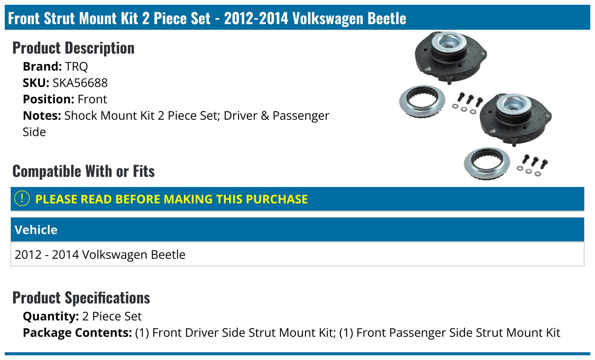 2012-2019 Volkswagen Beetle Strut Mount - TRQ SKA56688 - Front Upper ...