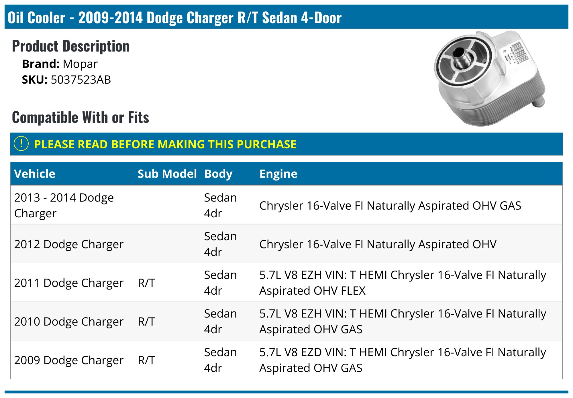 2009-2014 Dodge Charger Oil Cooler - Mopar 5037523AB - PartsGeek.com