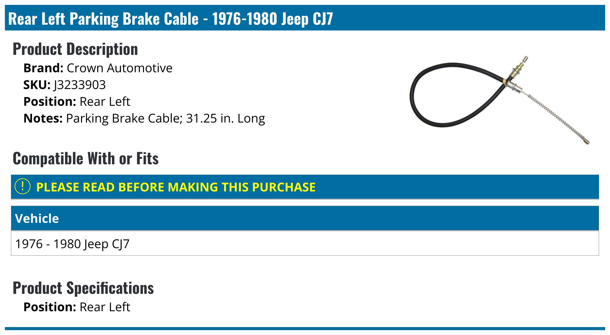 1976-1980 Jeep CJ7 Parking Brake Cable - Crown Automotive J3233903 ...