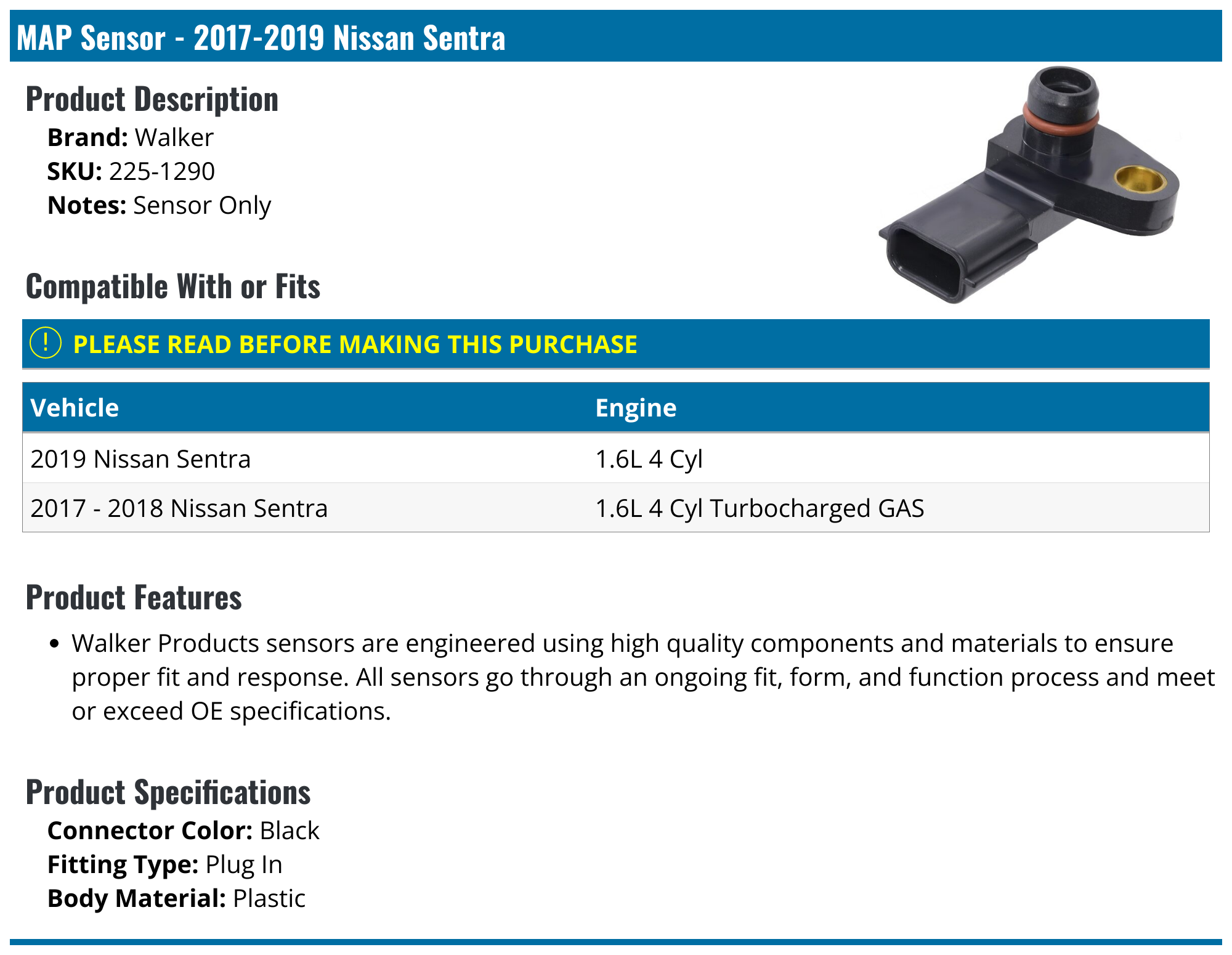 2017-2019 Nissan Sentra MAP Sensor - Walker 225-1290 - PartsGeek.com