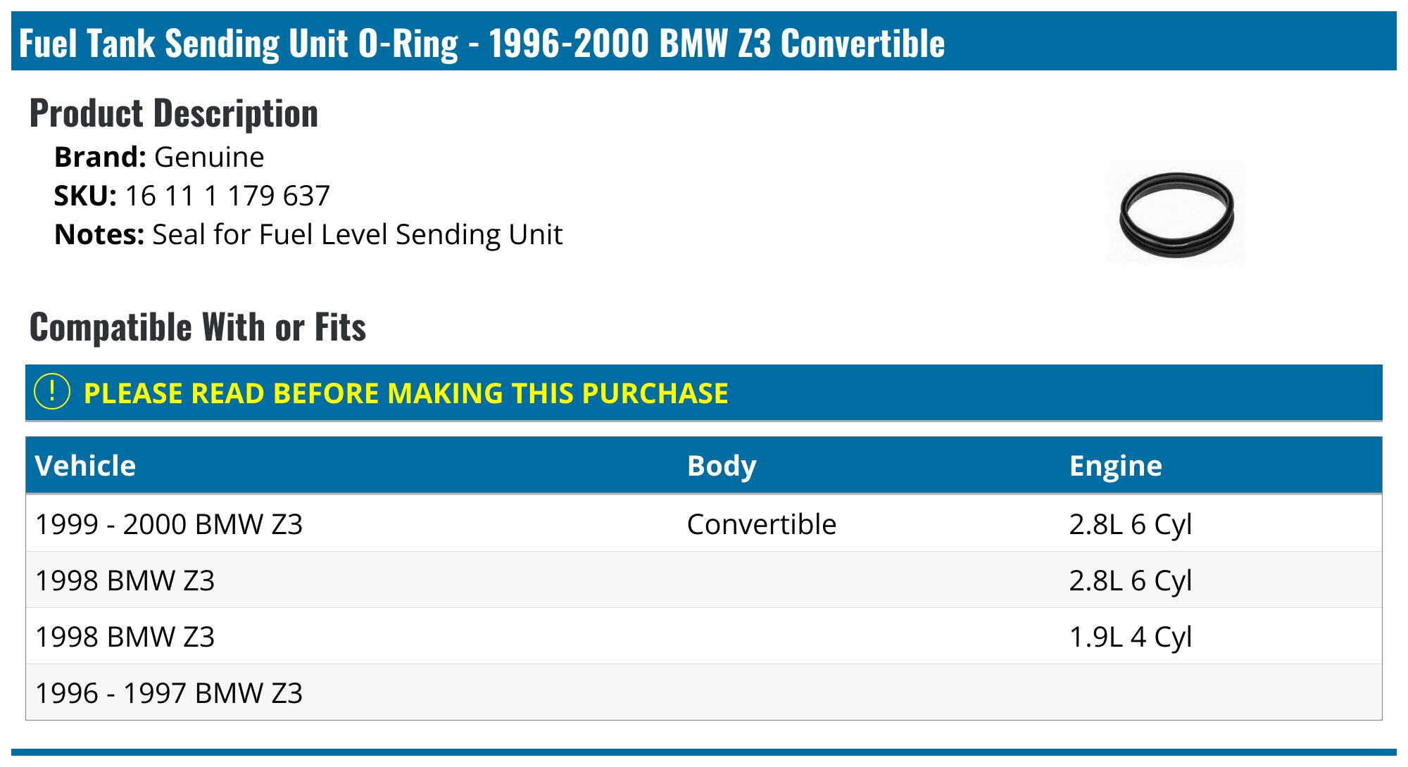 1996-2000 BMW Z3 Fuel Tank Sending Unit O-Ring - Genuine 16 11 1 179 ...