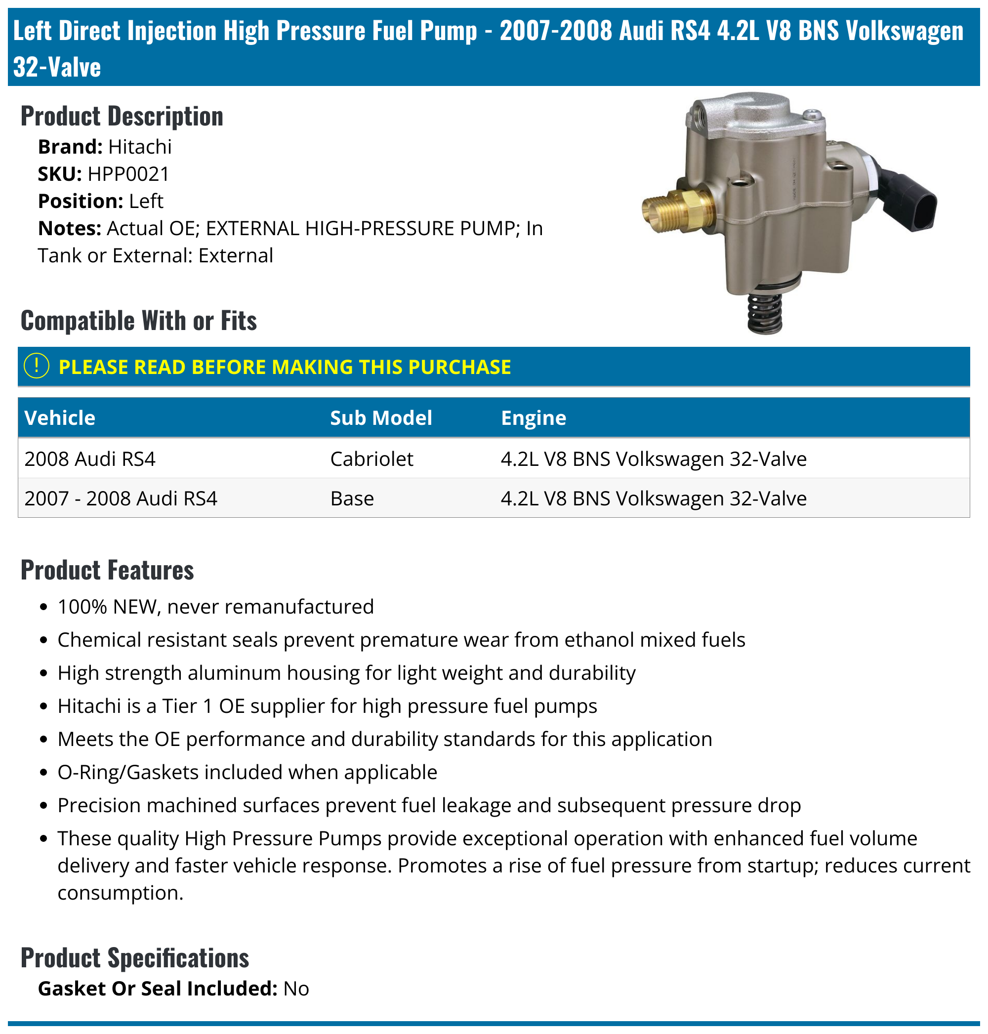 2007-2008 Audi RS4 Fuel Pump - Hitachi HPP0021 - Left - PartsGeek.com