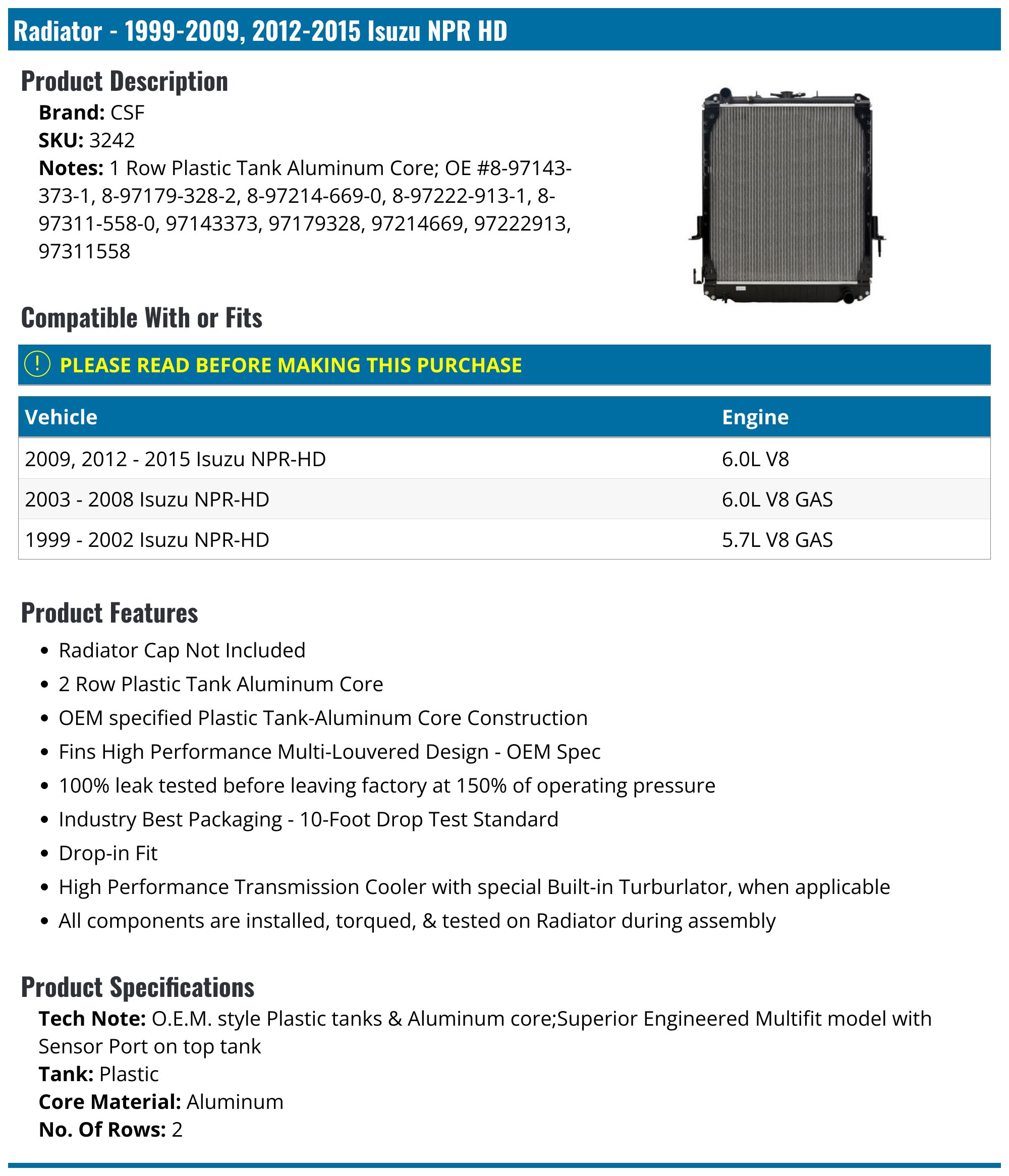 1999-2009, 2012-2015 Isuzu NPR HD Radiator - CSF 3242 - PartsGeek.com