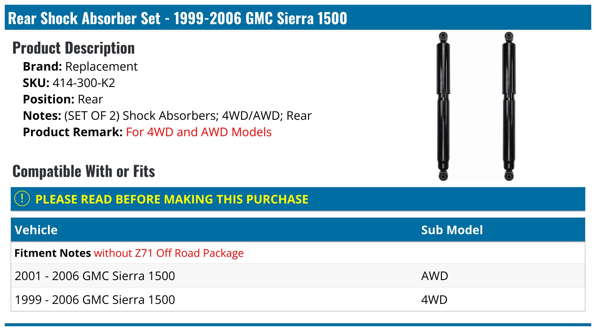 1999-2006 GMC Sierra 1500 Shock Absorber - Replacement 414-300-K2 ...