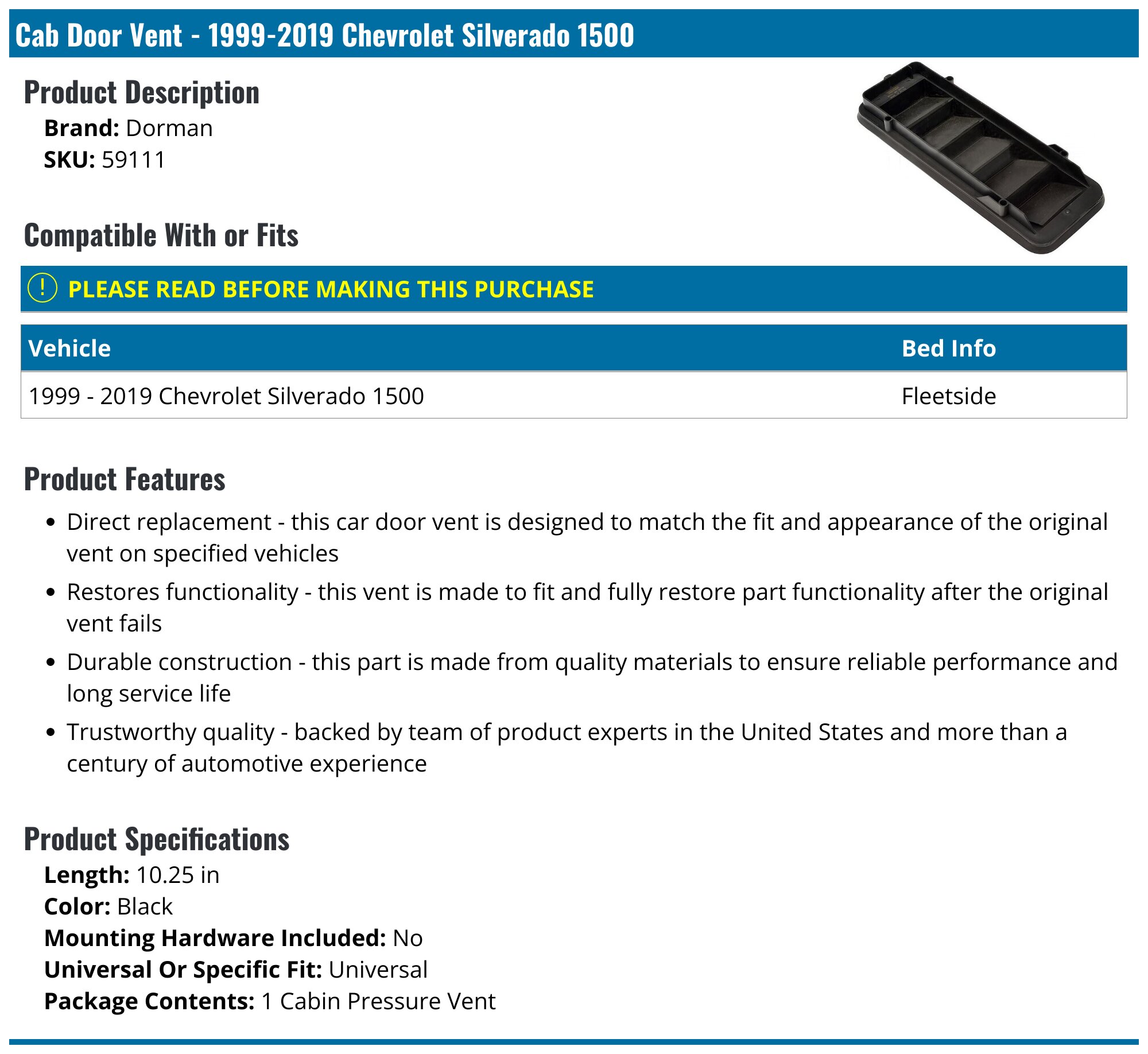 1999-2019 Chevrolet Silverado 1500 Cab Door Vent - Dorman 59111 ...