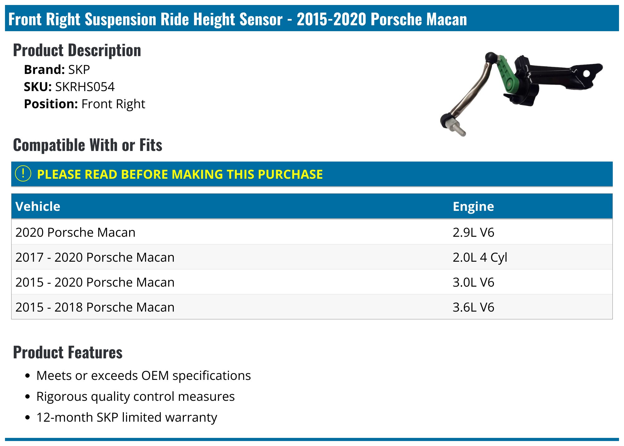 2015-2020 Porsche Macan Suspension Ride Height Sensor - SKP SKRHS054 ...