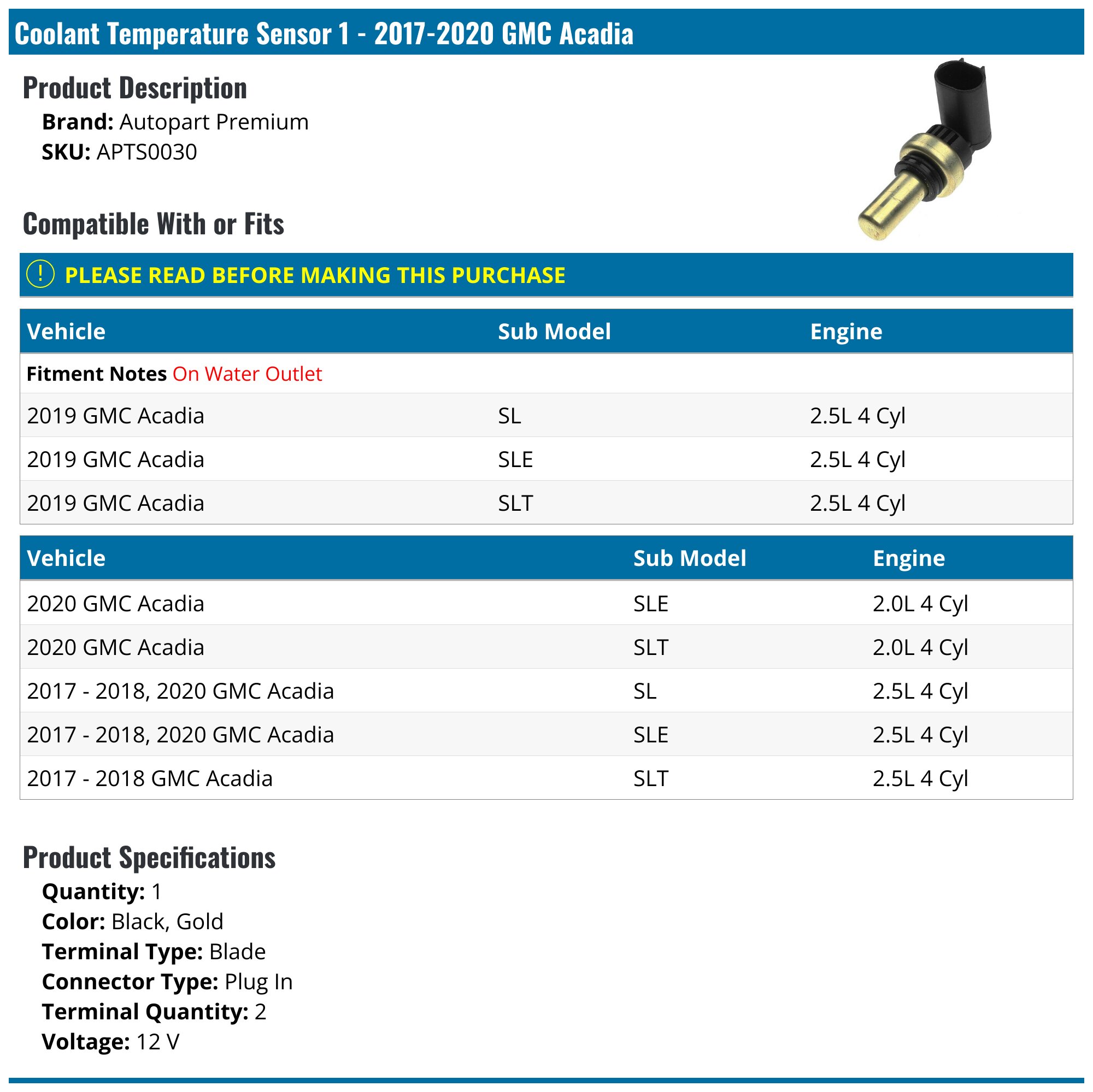 2017 2020 Gmc Acadia Engine Coolant Temperature Sensor Autopart