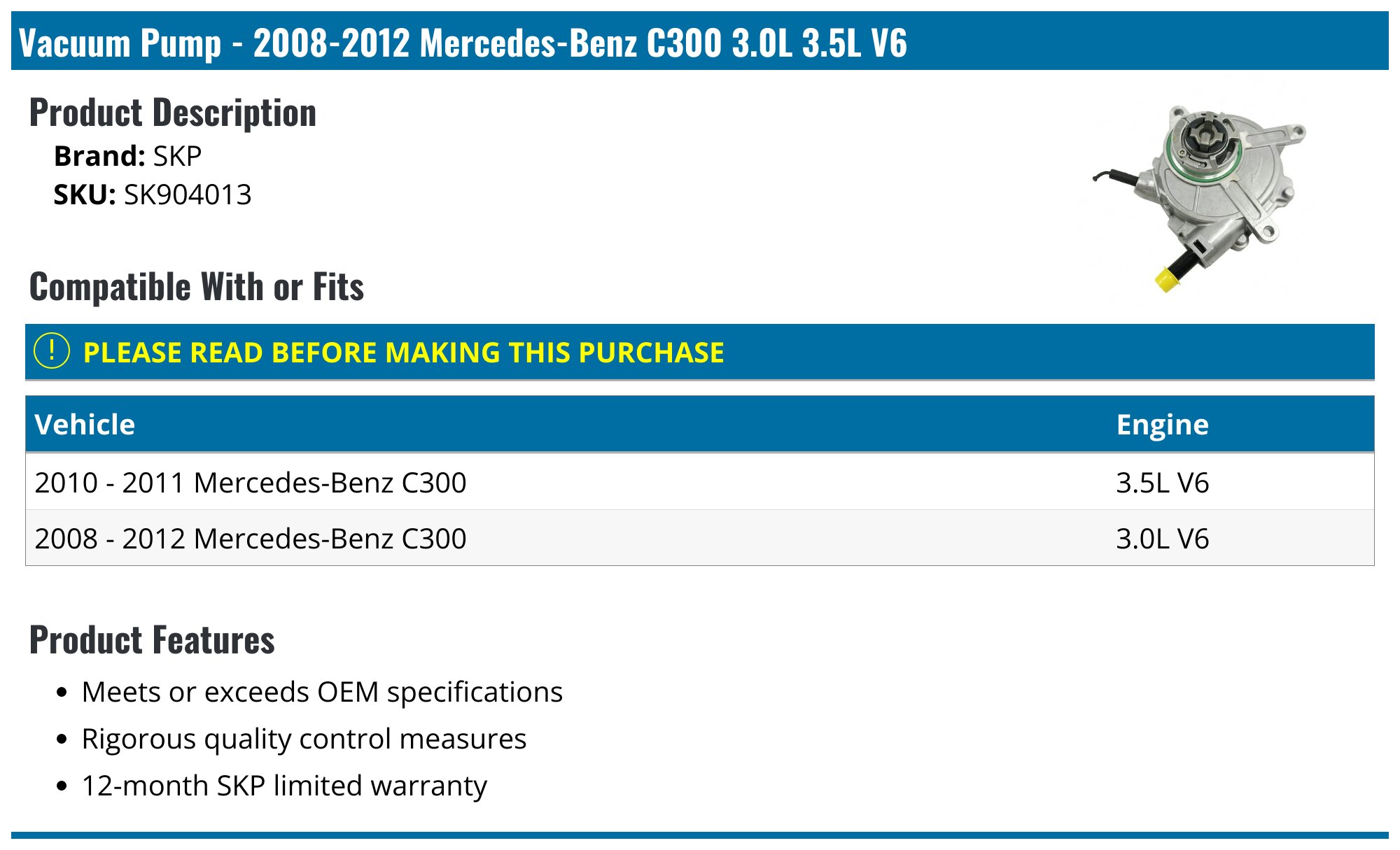 2008-2012 Mercedes C300 Vacuum Pump - SKP SK904013 - PartsGeek.com