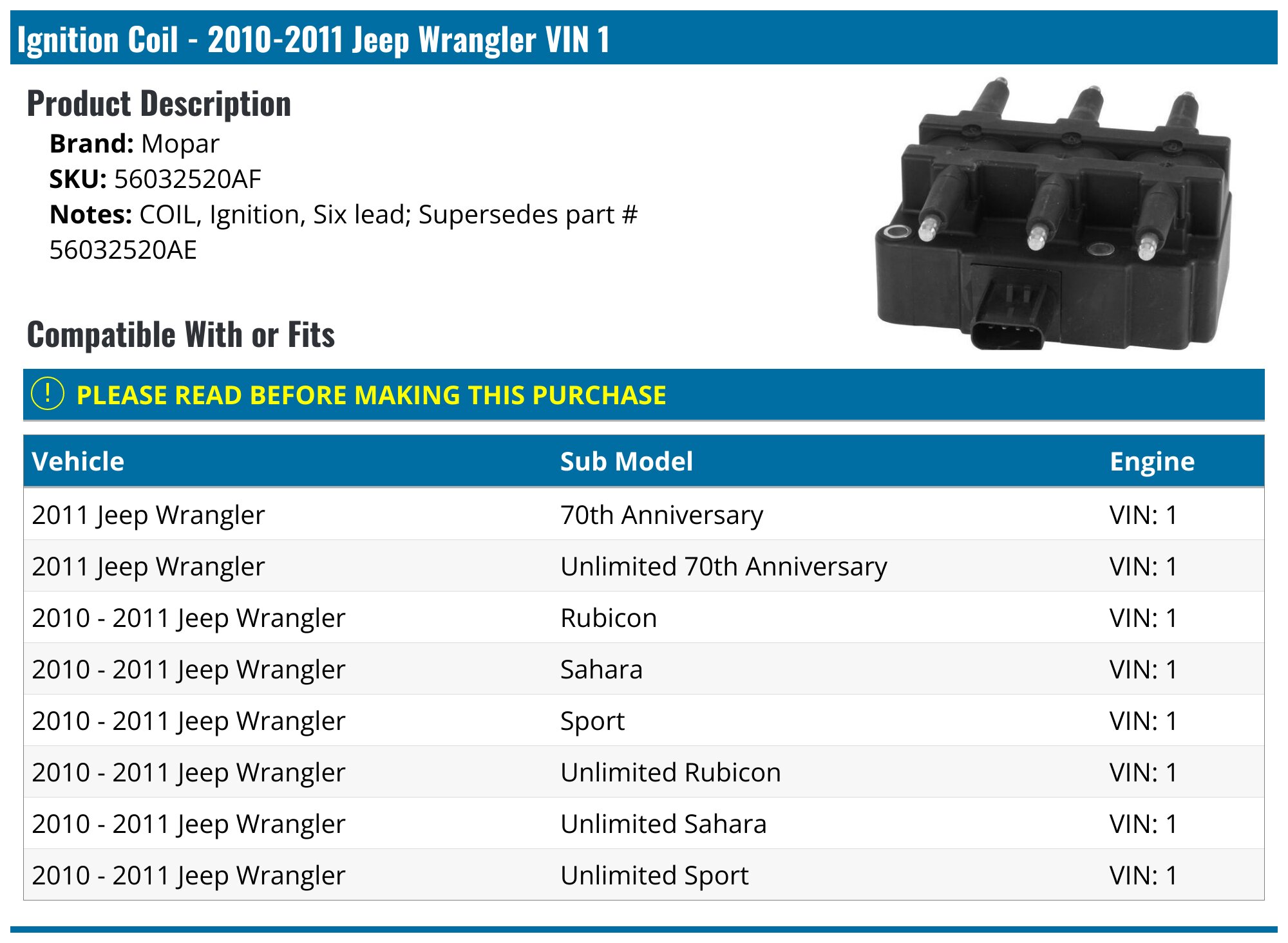 2010-2011 Jeep Wrangler Ignition Coil - Mopar 56032520AF - PartsGeek.com