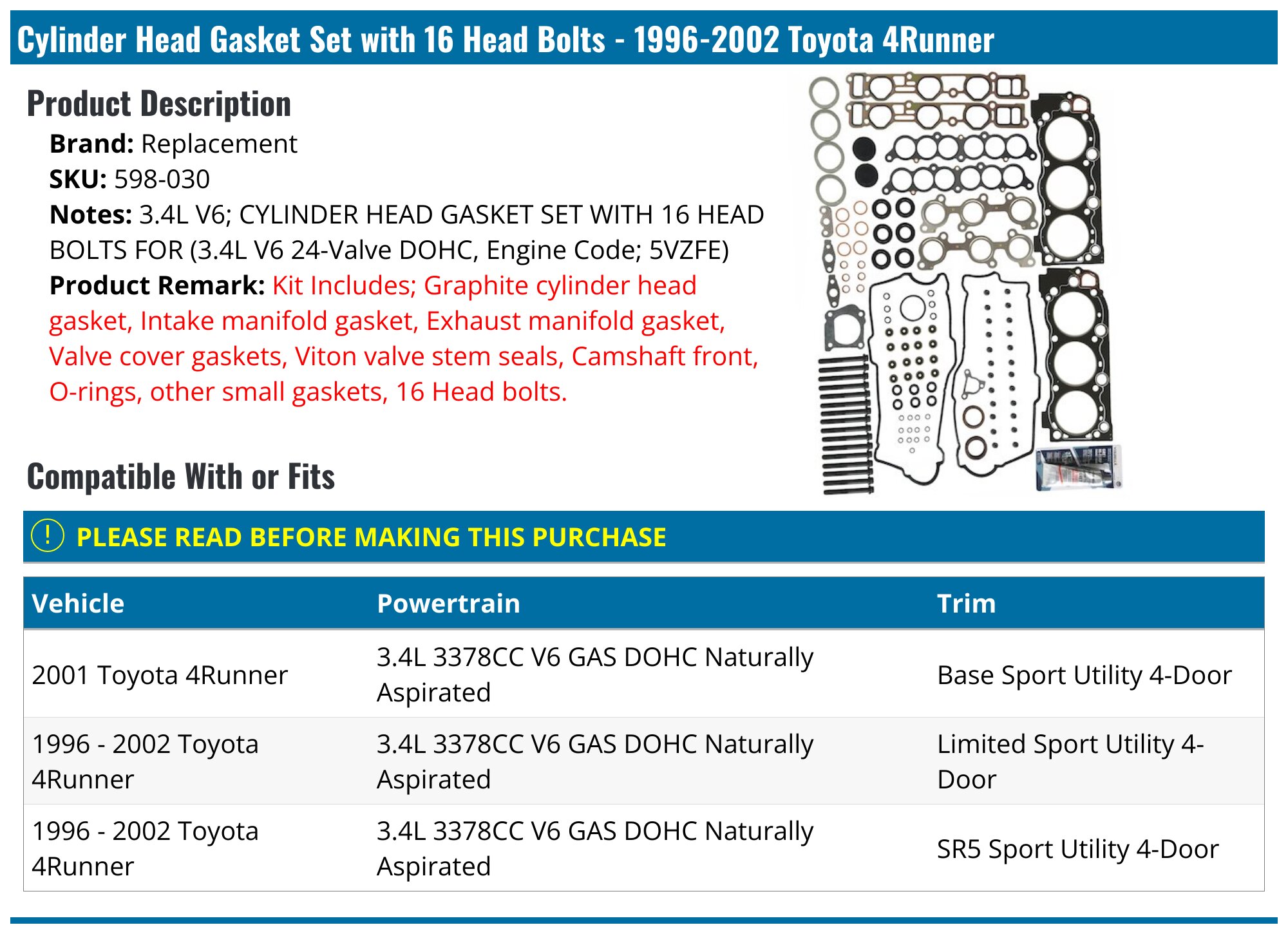 1996-2002 Toyota 4Runner Head Gasket - Replacement 598-030 - PartsGeek.com