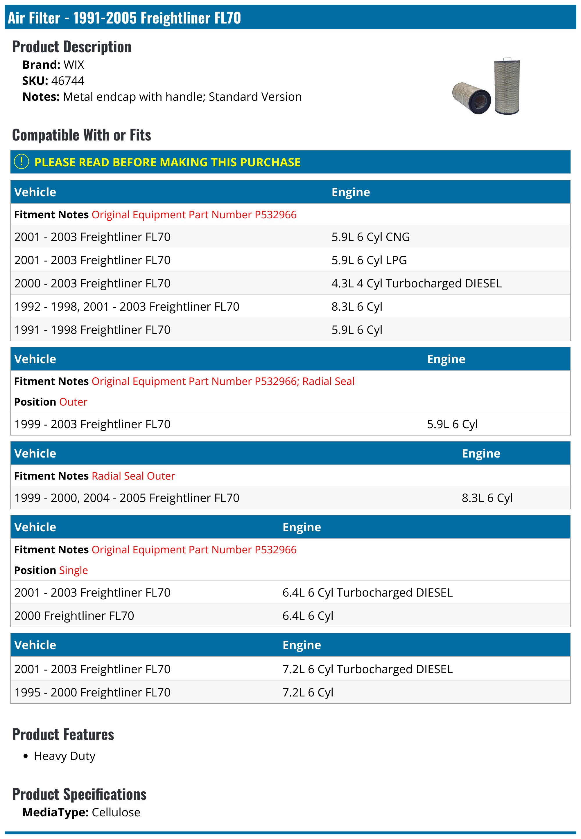 1991-2005 Freightliner FL70 Air Filter - WIX 46744 - PartsGeek.com