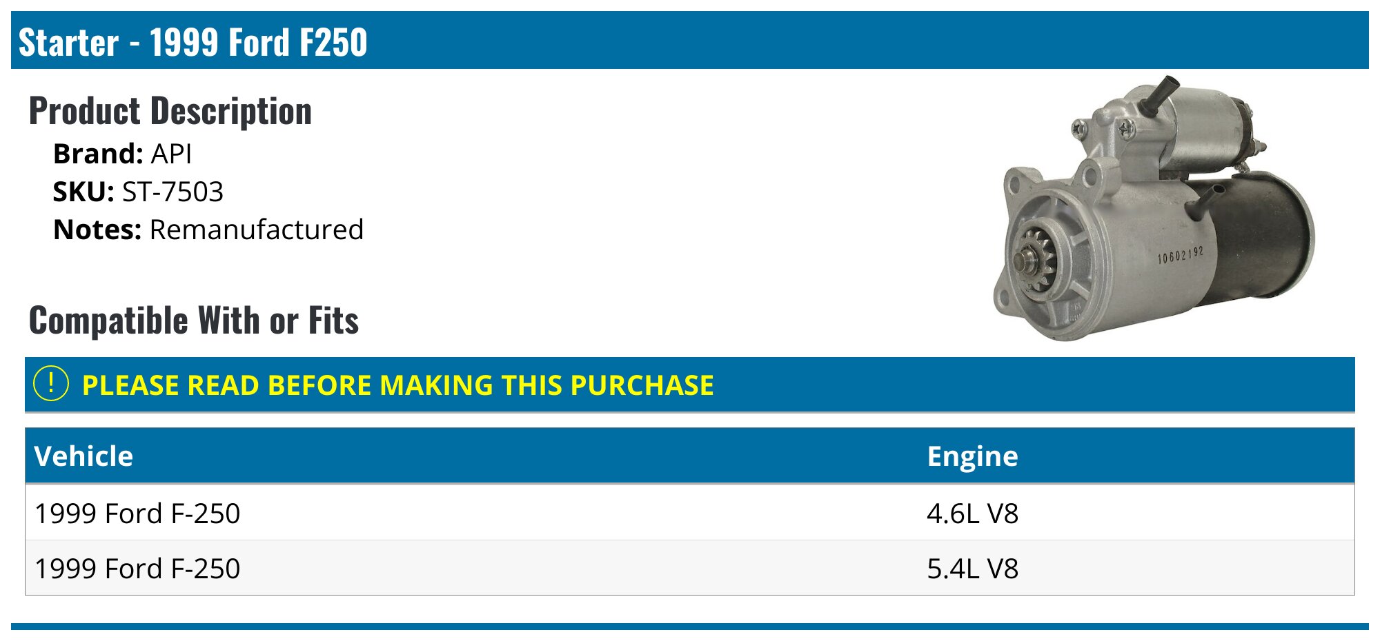 1999 Ford F250 Starter - API 5321-07737245 - PartsGeek.com