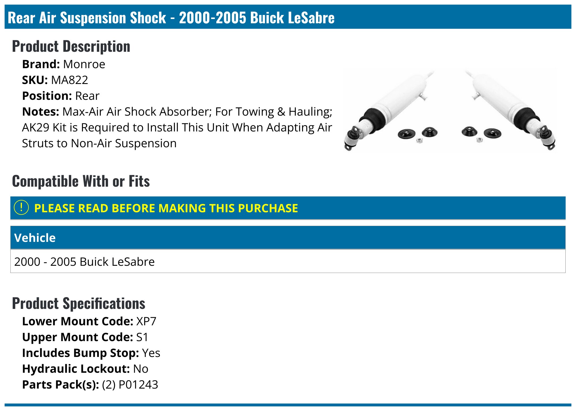 2000-2005 Buick LeSabre Shock Absorber - Monroe MA822 - Rear ...
