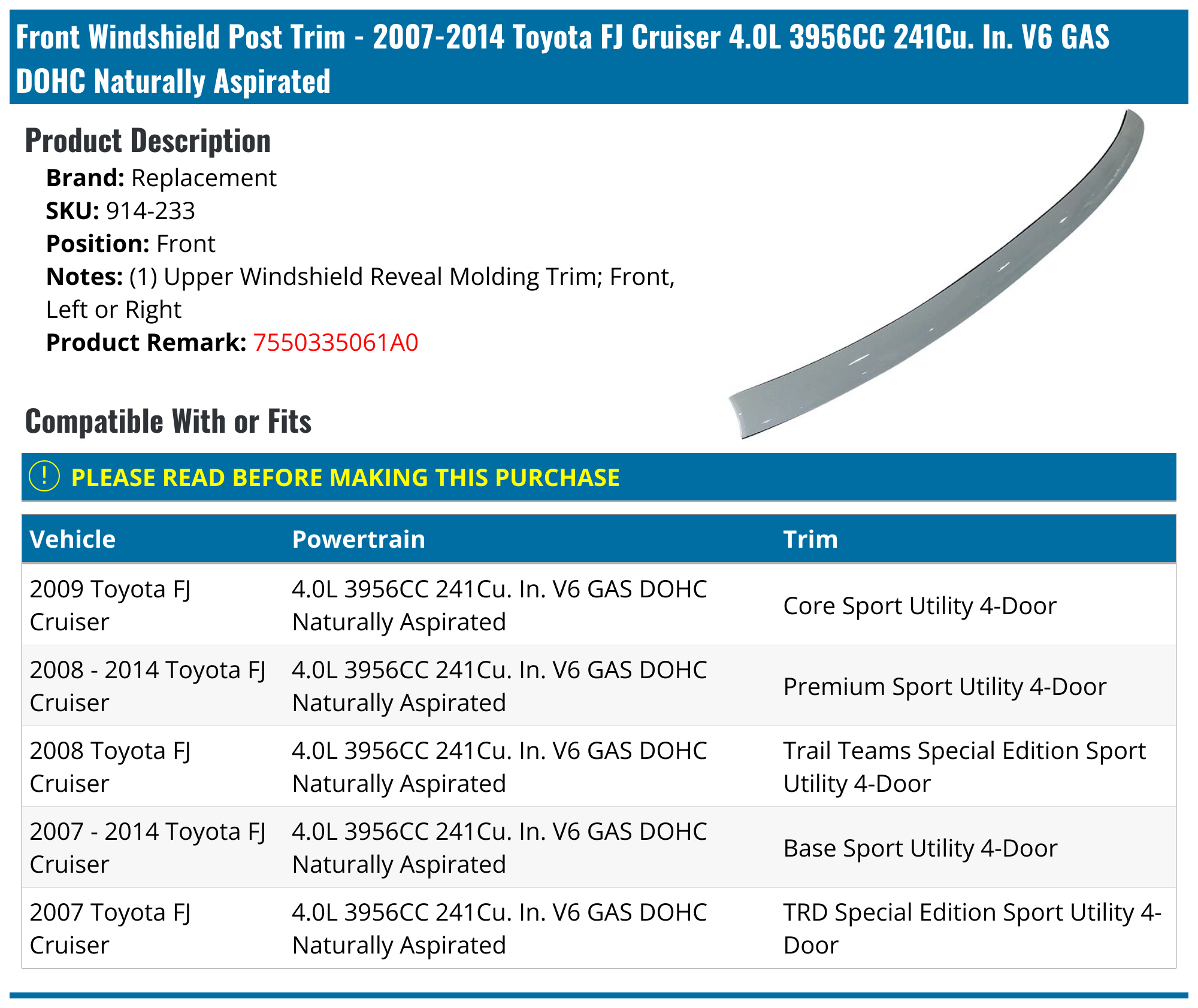 2007-2014 Toyota FJ Cruiser Windshield Post Trim - Replacement 914-233 ...