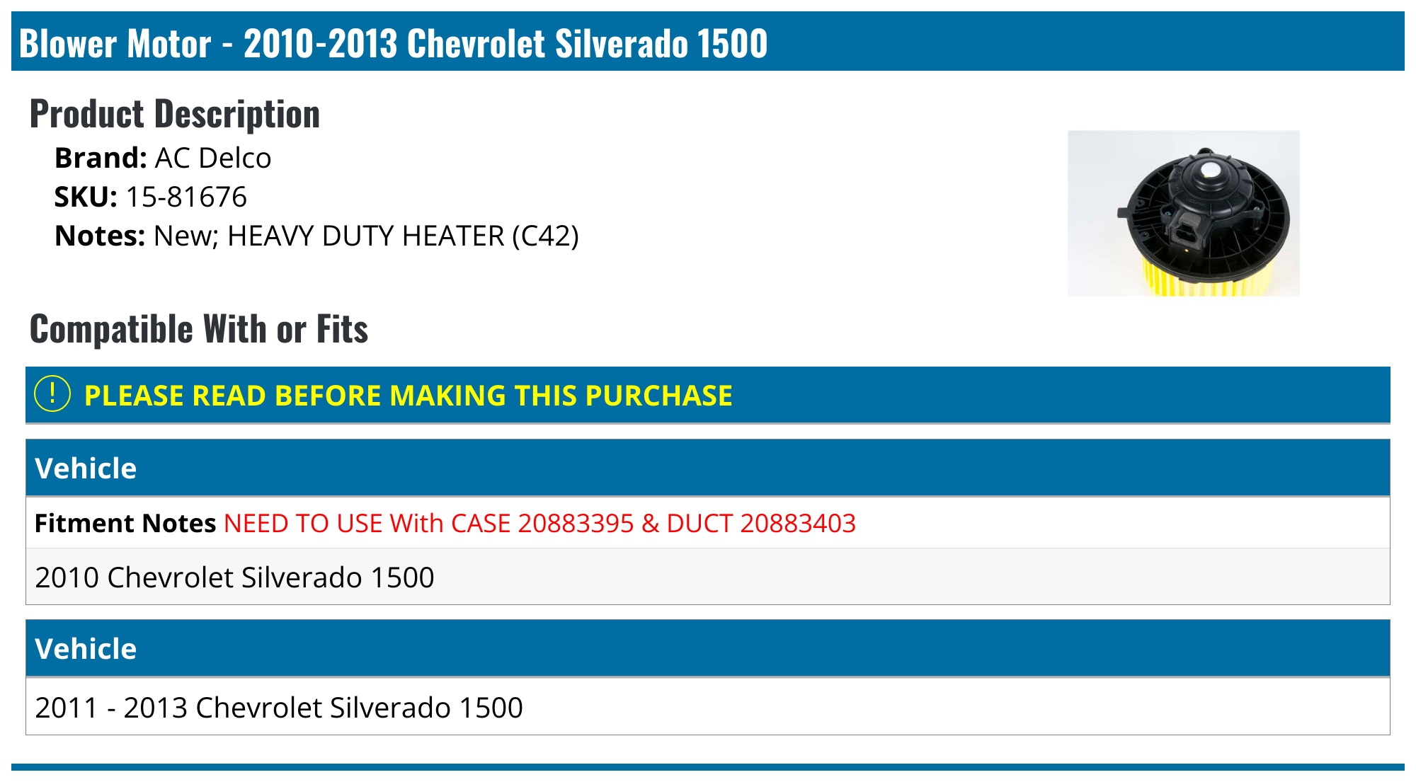 2010-2013 Chevrolet Silverado 1500 Blower Motor - AC Delco 15-81676 ...