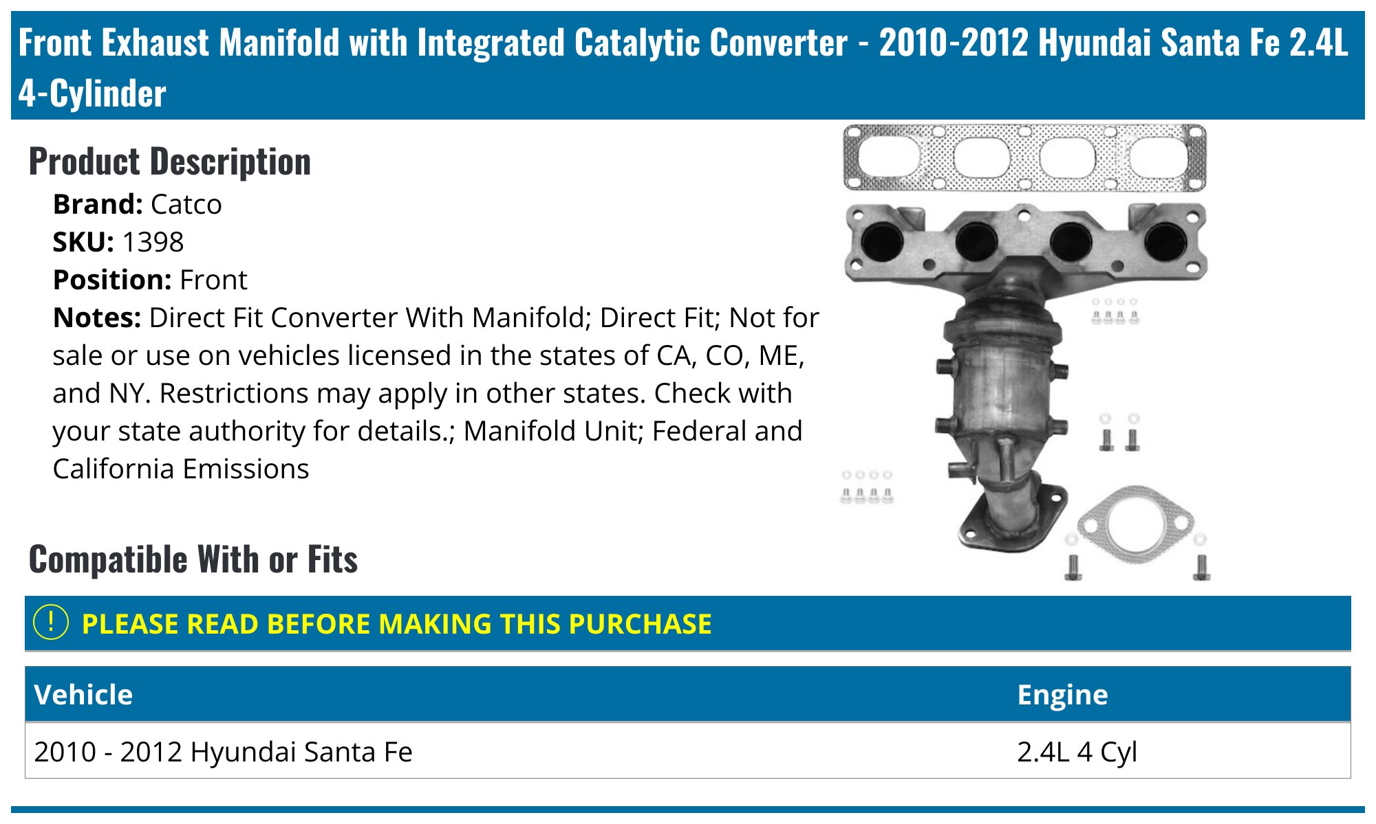 2010-2012 Hyundai Santa Fe Catalytic Converter - Catco 1398 - Front ...