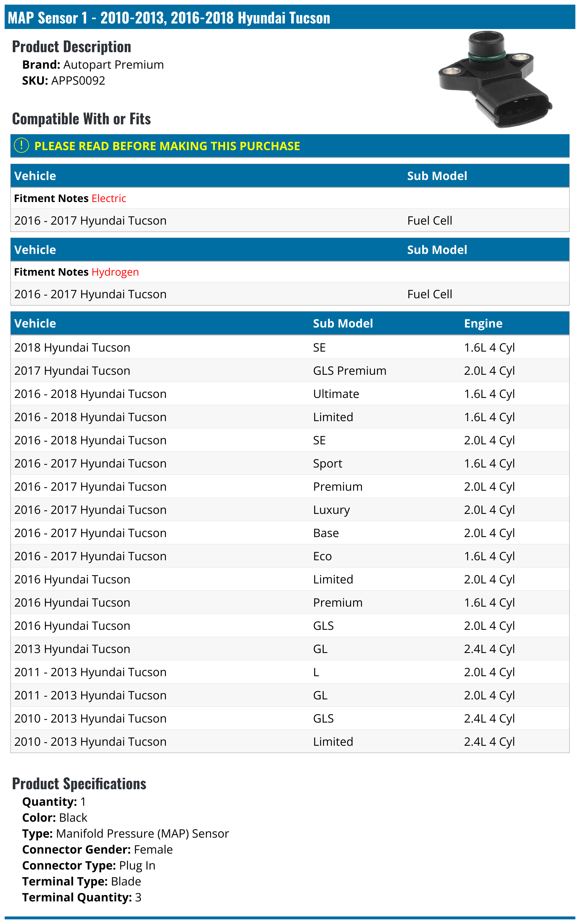 2010-2013, 2016-2018 Hyundai Tucson MAP Sensor - Autopart Premium ...