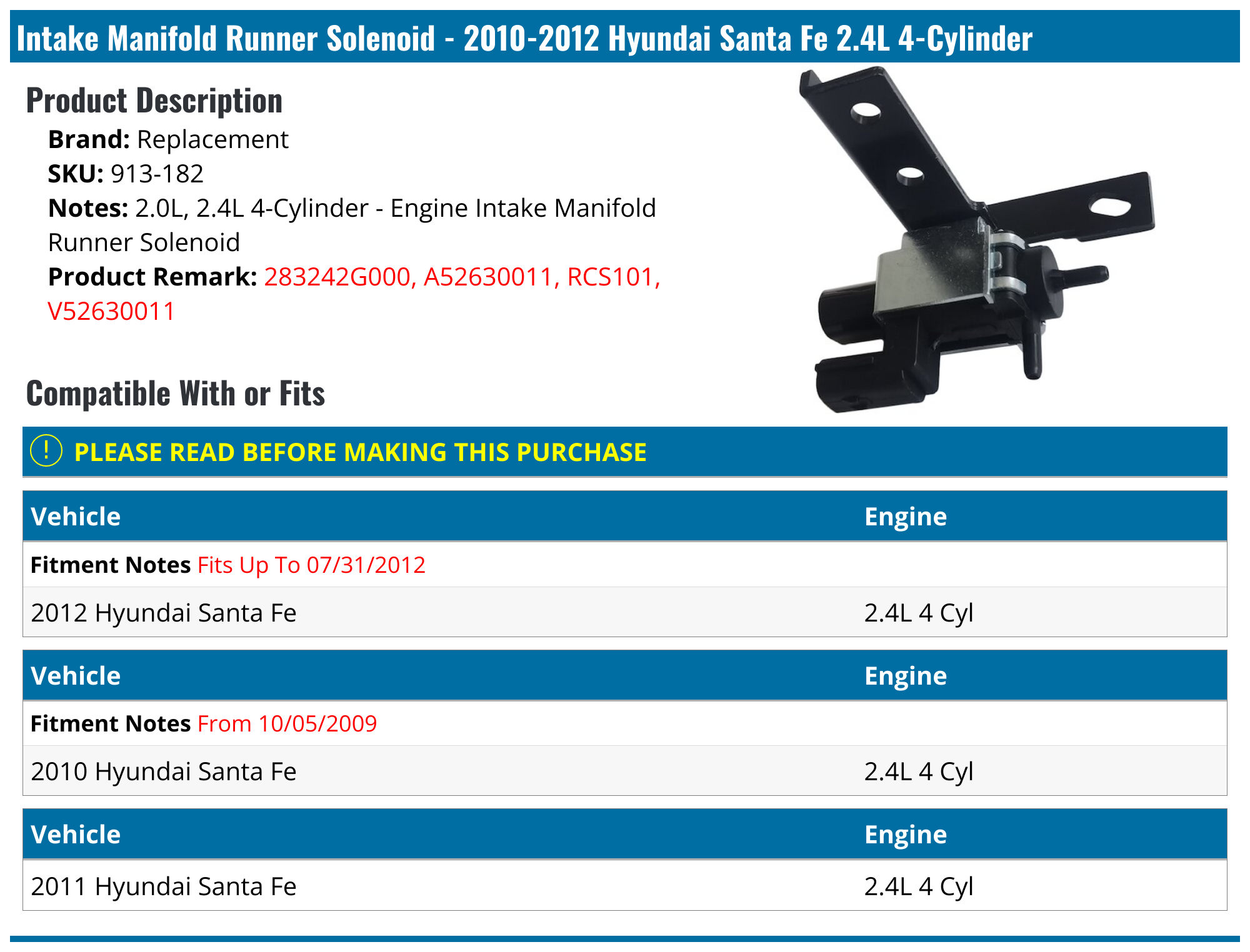 2010-2012 Hyundai Santa Fe Intake Manifold Actuator - Replacement 913 ...