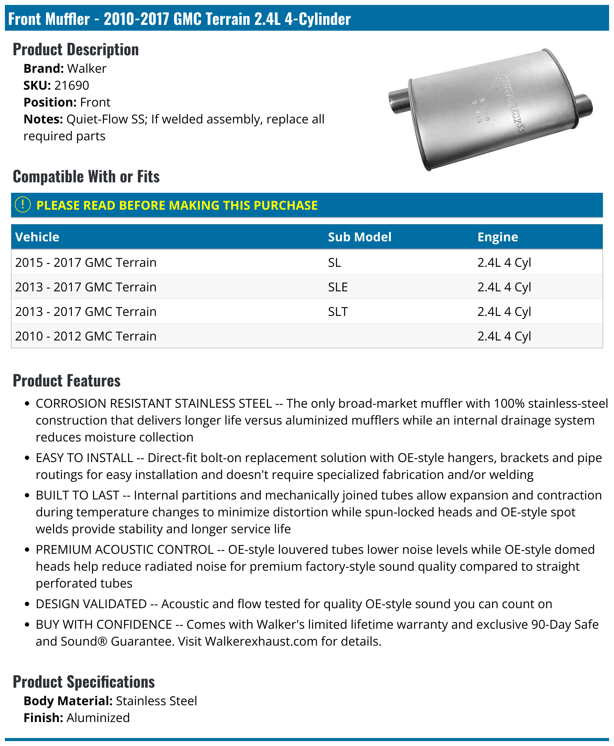 2010-2024 GMC Terrain Muffler - Walker 21690 - Front - PartsGeek.com