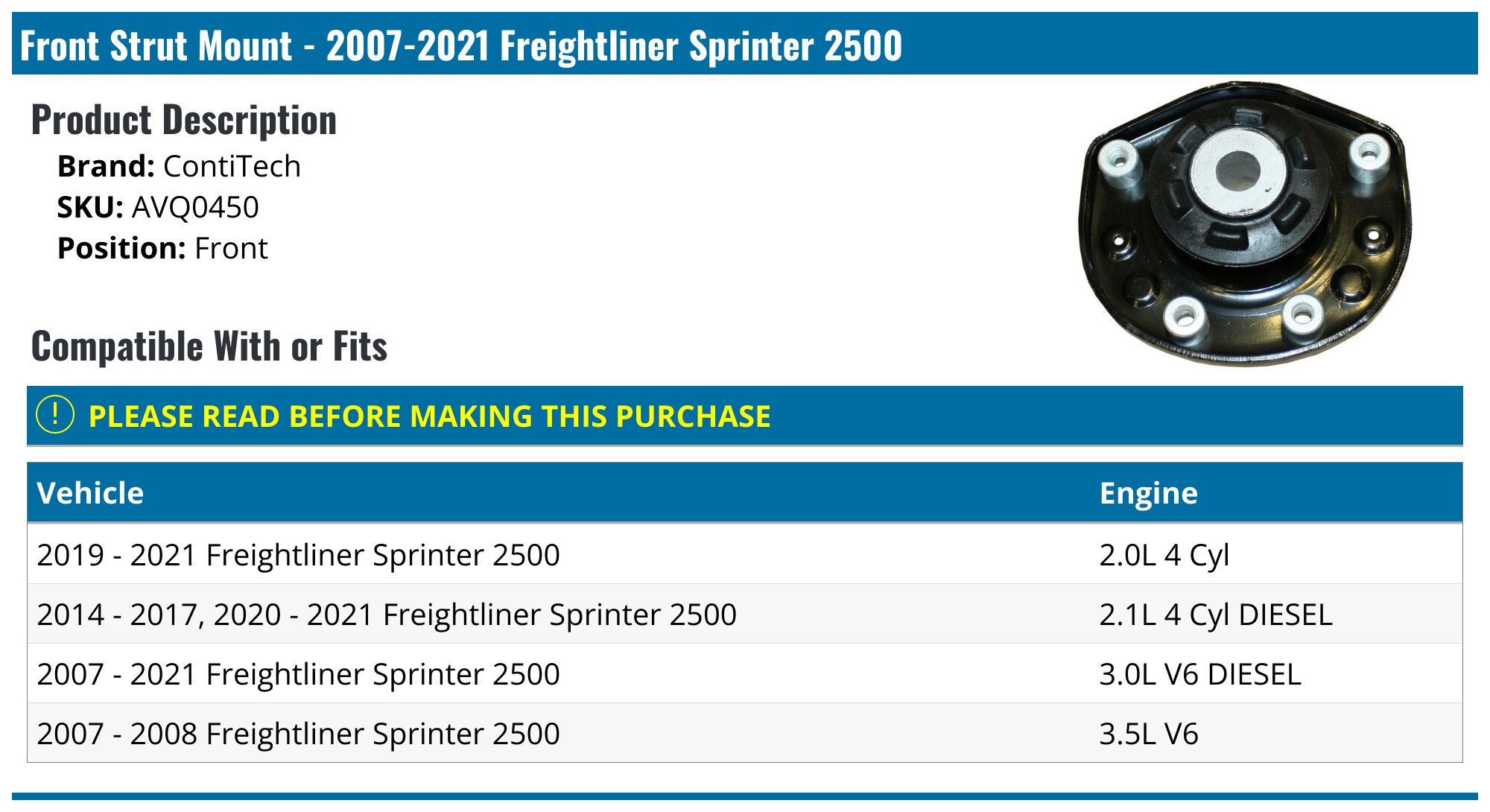 2007-2021 Freightliner Sprinter 2500 Strut Mount - ContiTech AVQ0450 ...
