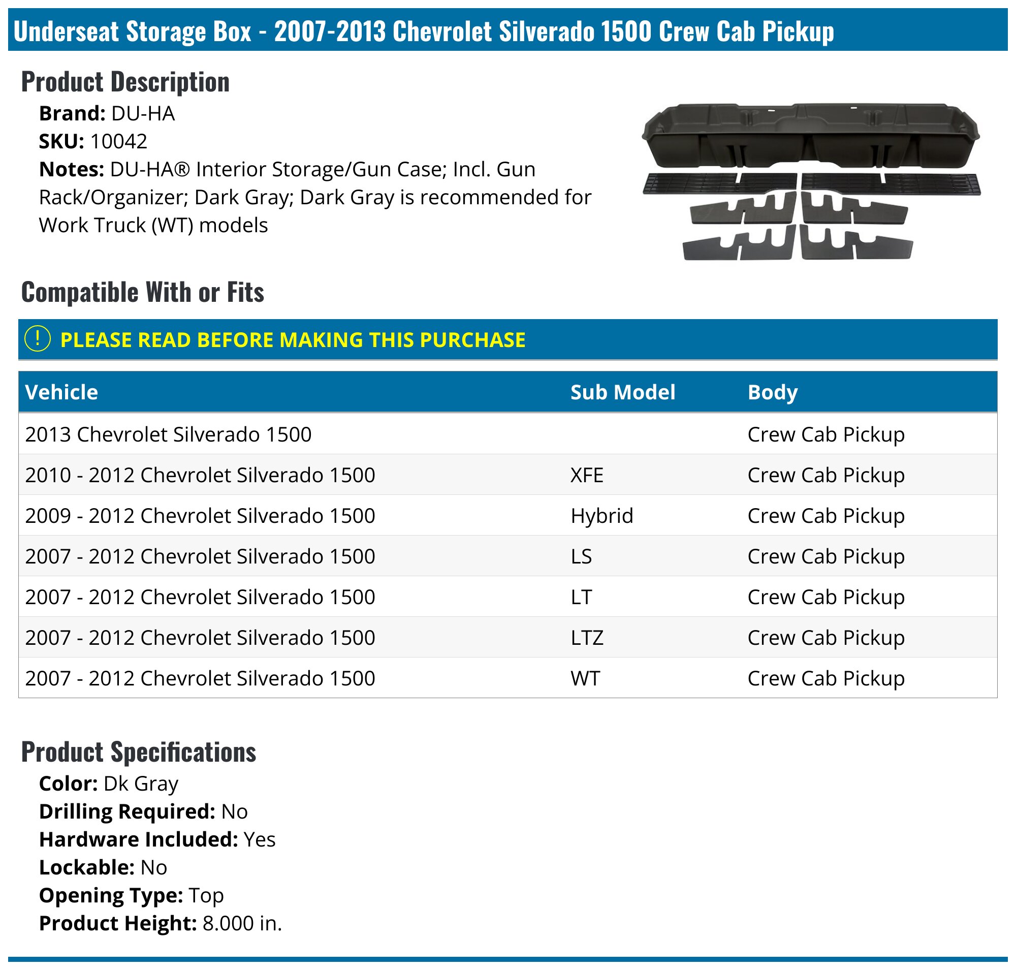 2007-2013 Chevrolet Silverado 1500 Underseat Storage Box - DU-HA 10042 ...