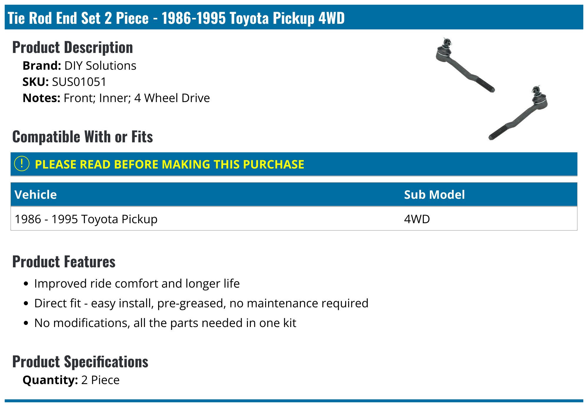 1986-1995 Toyota Pickup Tie Rod End - DIY Solutions SUS01051 ...
