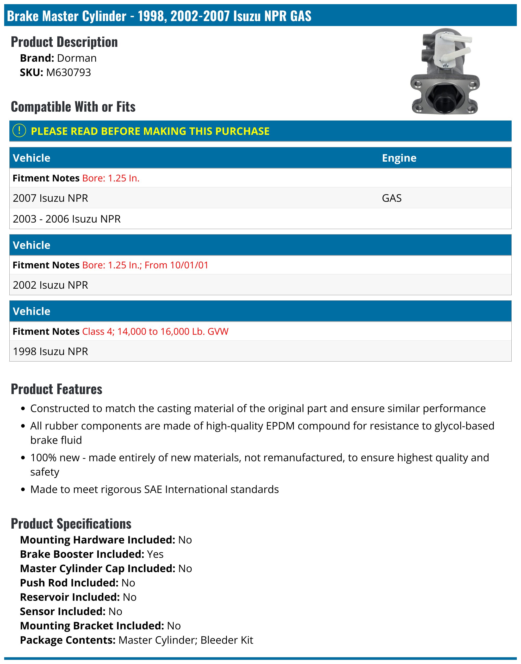 1998, 2002-2007 Isuzu NPR Brake Master Cylinder - Dorman M630793 ...